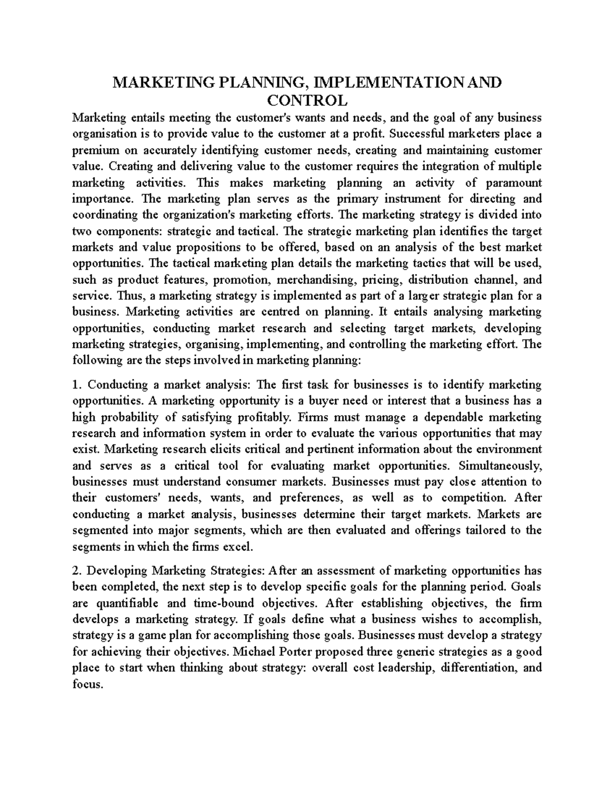 Marketing Planning, Implementation And Control - MARKETING PLANNING ...