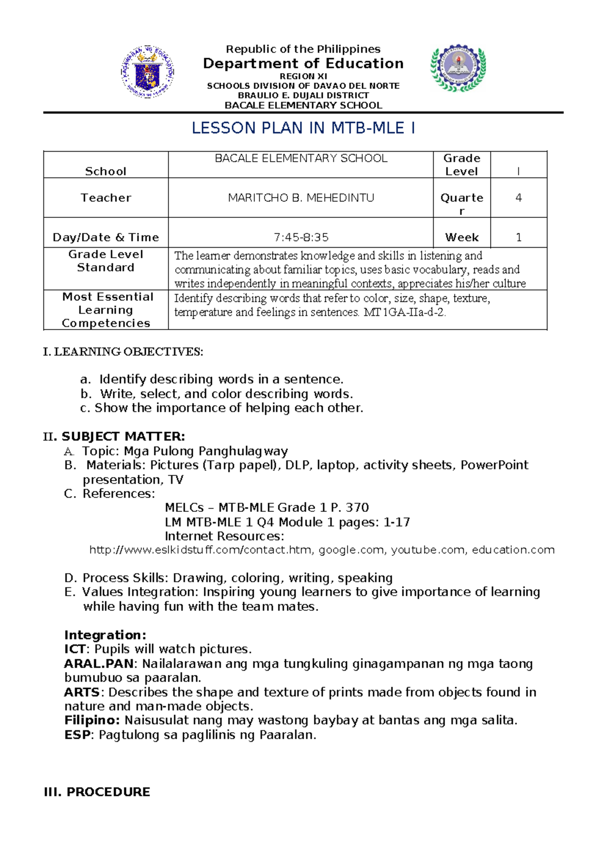 COT4 MTB Q4 WK1 - COT - Republic of the Philippines Department of Education REGION XI SCHOOLS ...