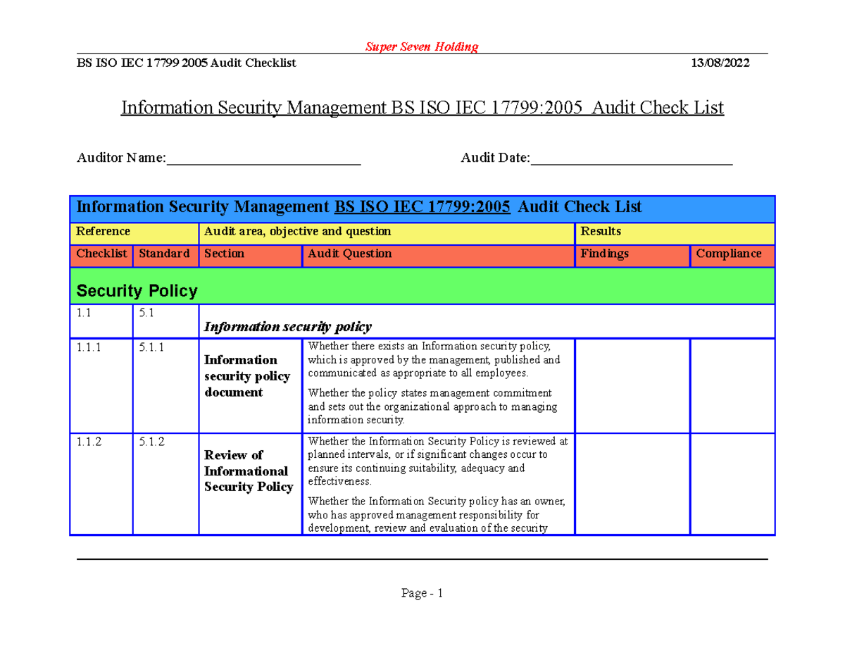 ISO-17799-2005 - test - BS ISO IEC 17799 2005 Audit Checklist 13/08 ...