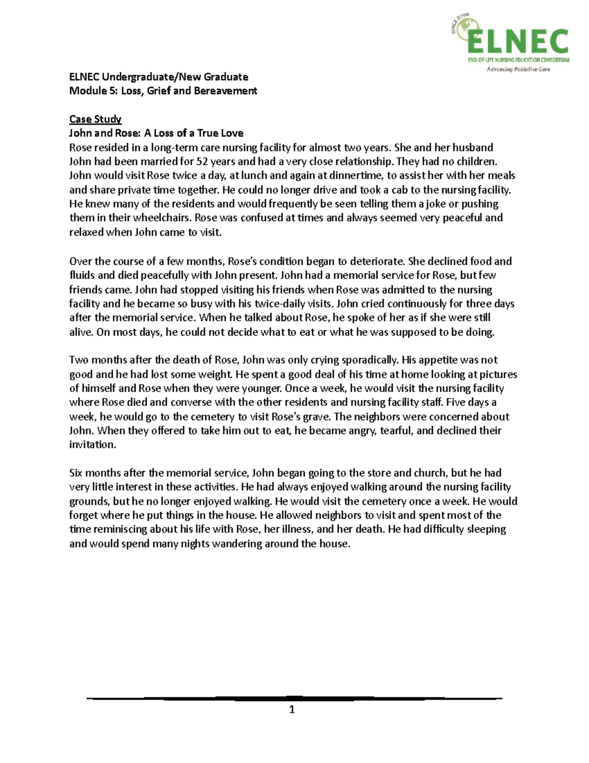 Elnec Module 5 Case Study - 1 ELNEC Undergraduate/New Graduate Module 5 ...