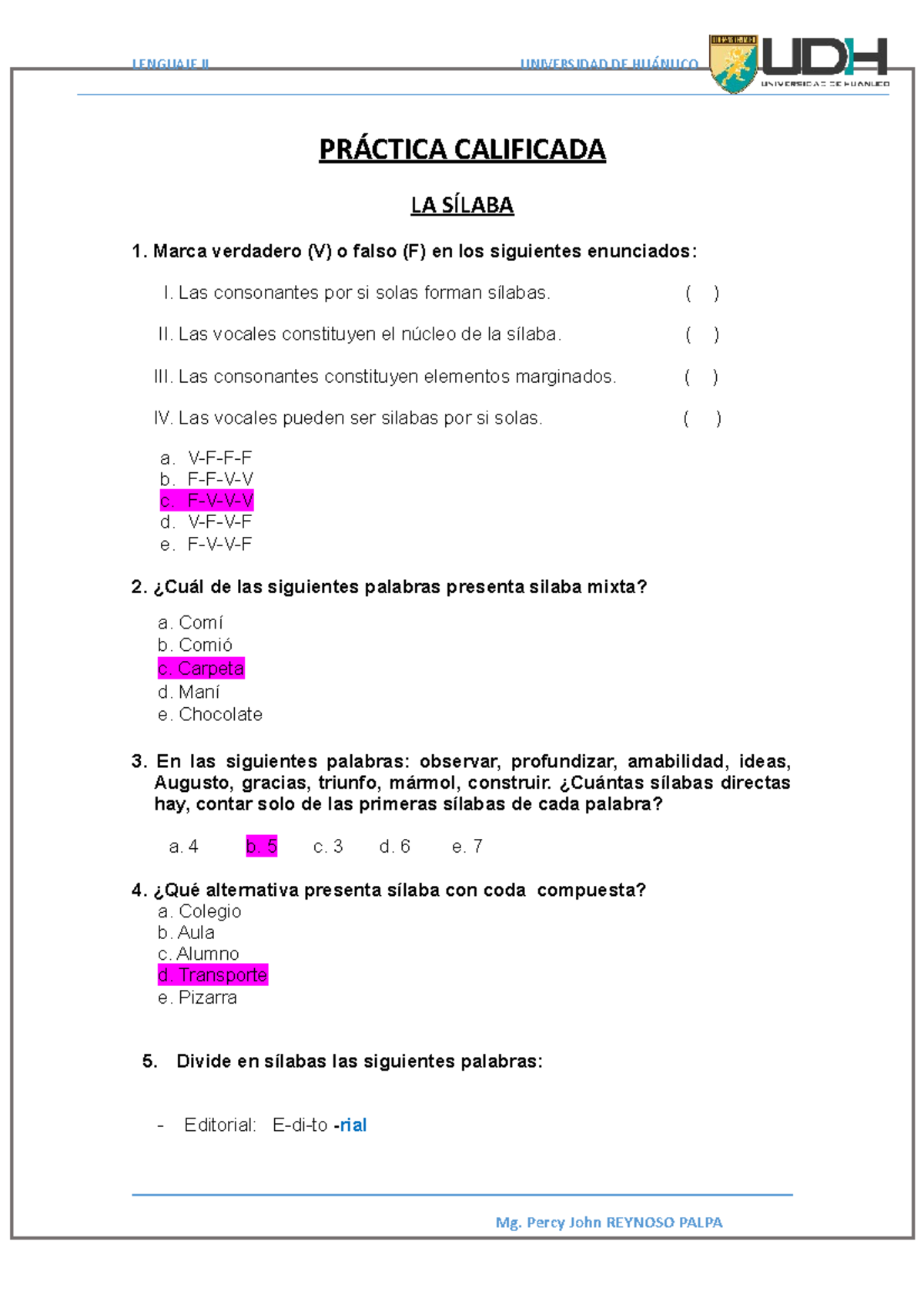 Lenguaje II, La Sílaba 1 - LENGUAJE II UNIVERSIDAD DE HUÁNUCO PRÁCTICA ...