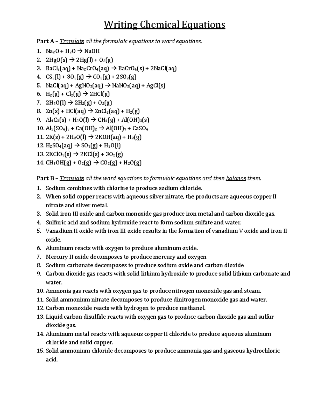 Writing chemical equations worksheet - Writing Chemical Equations Part ...