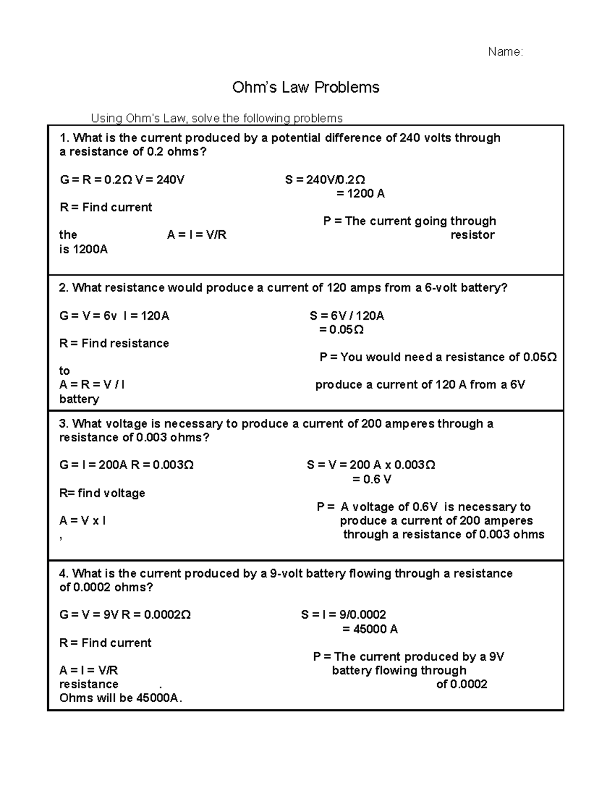 13.9 Ohm's calculations - Name: Ohm’s Law Problems Using Ohm’s Law ...