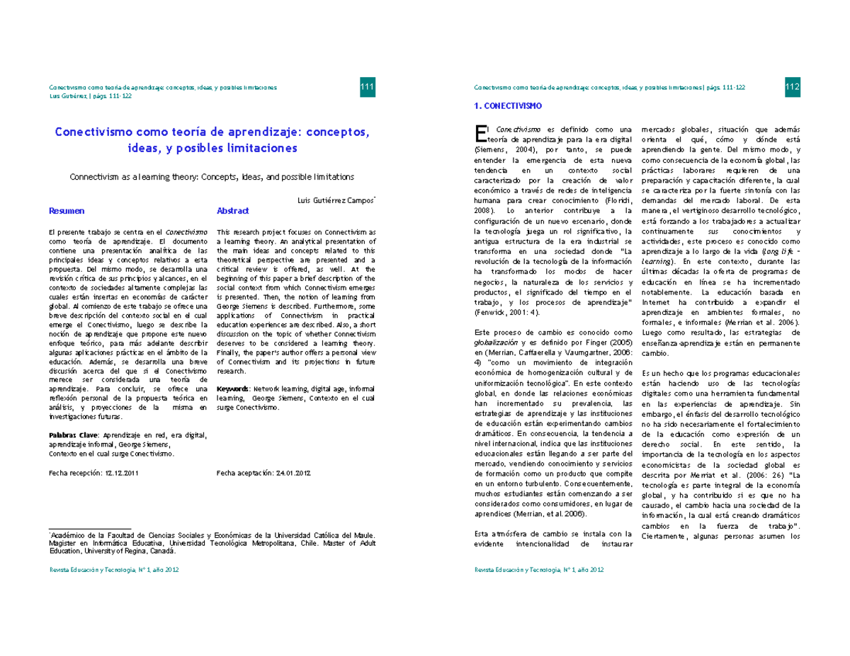 Conectivismo como teoría de aprendizaje conceptos, ideas, y posibles limitaciones - 111- - Studocu