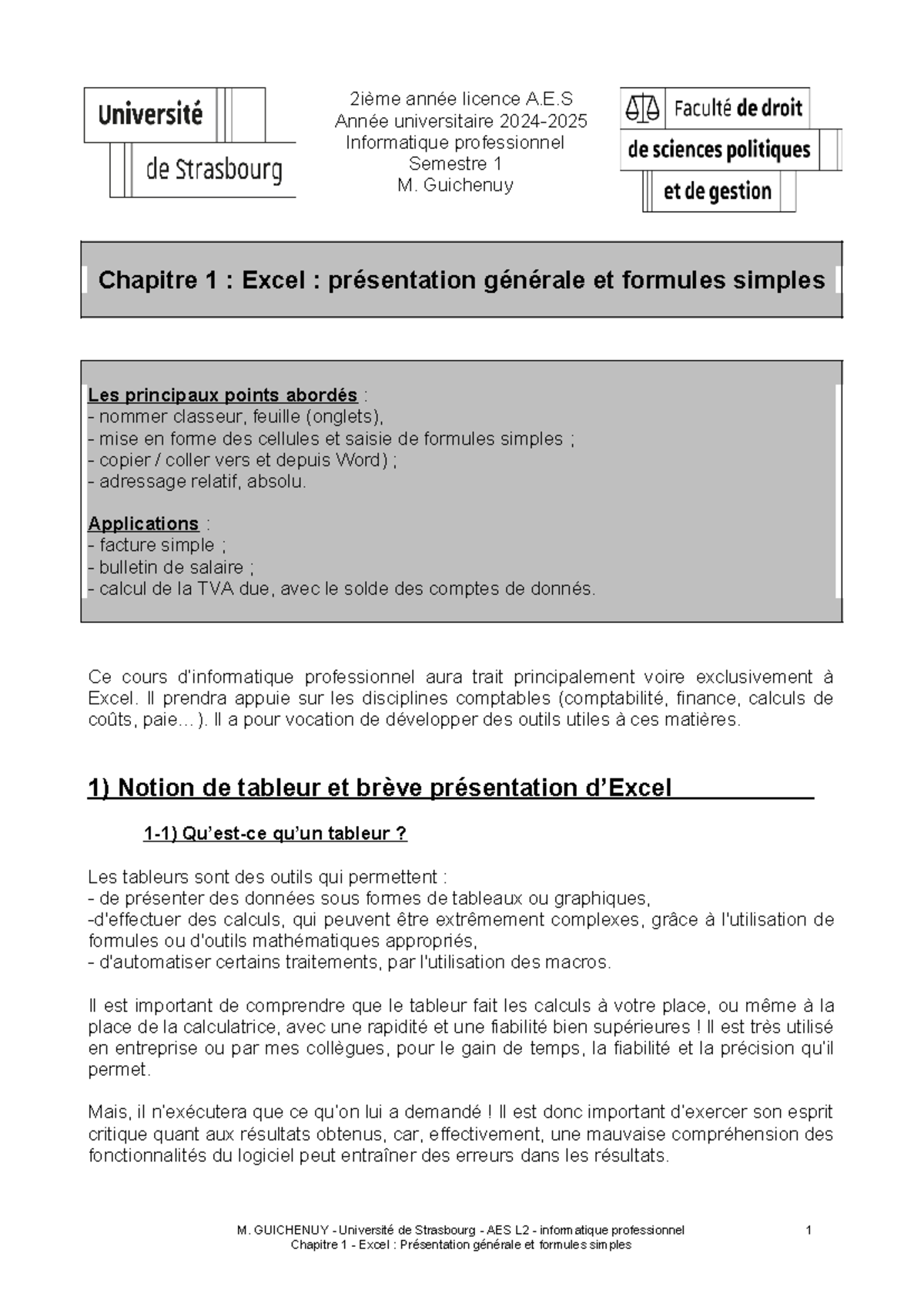 Chapitre 1 - Excel, présentation générale et formules simples (étudiants) - 2ième année licence ...
