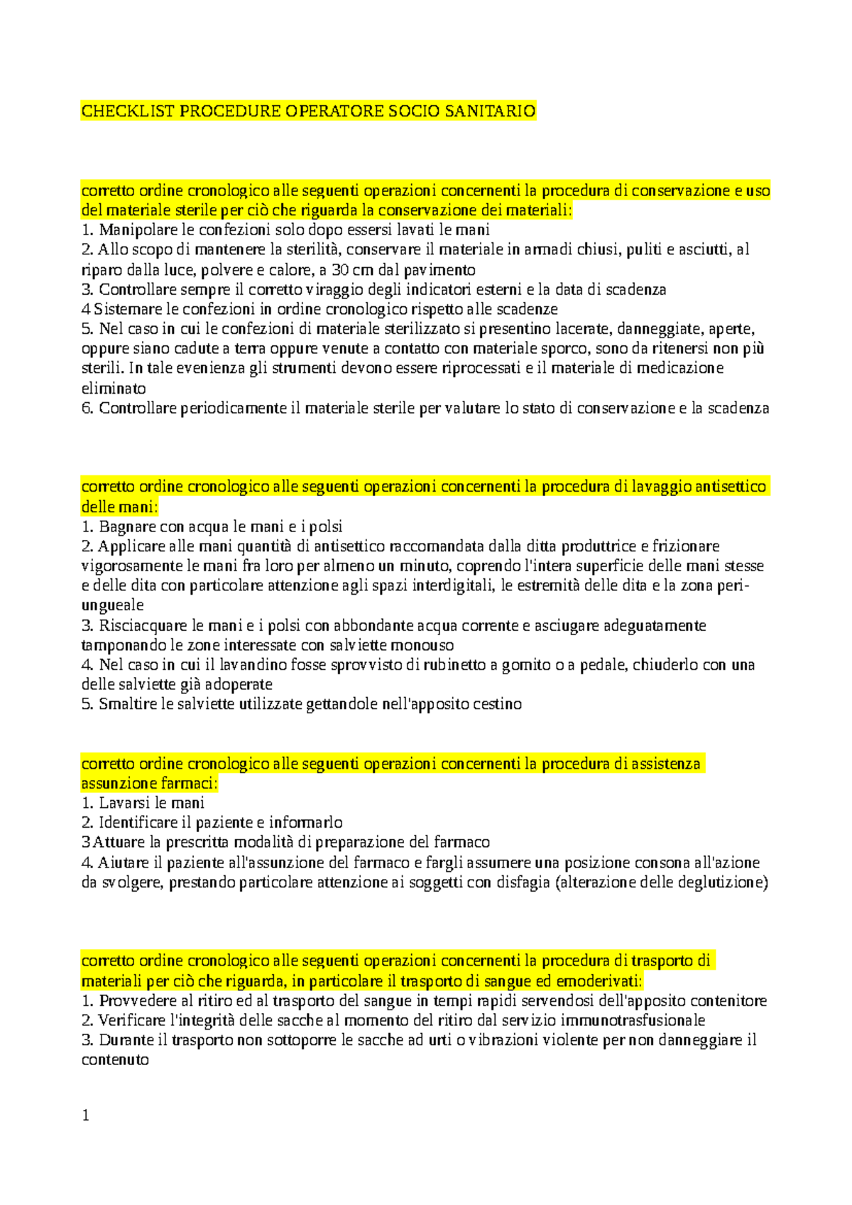 Checklist procedure oss - CHECKLIST PROCEDURE OPERATORE SOCIO SANITARIO ...