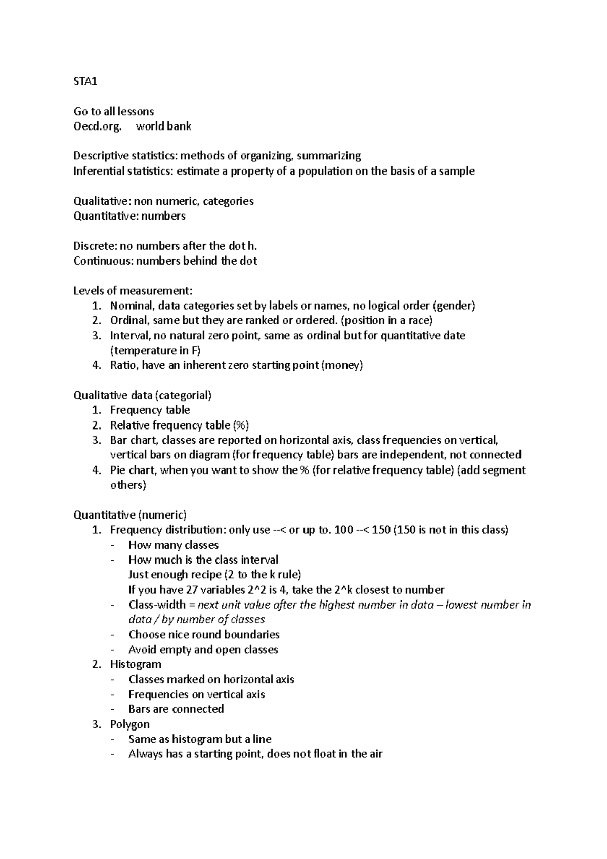 STA1 notes - STA1 Go to all lessons Oecd. world bank Descriptive ...