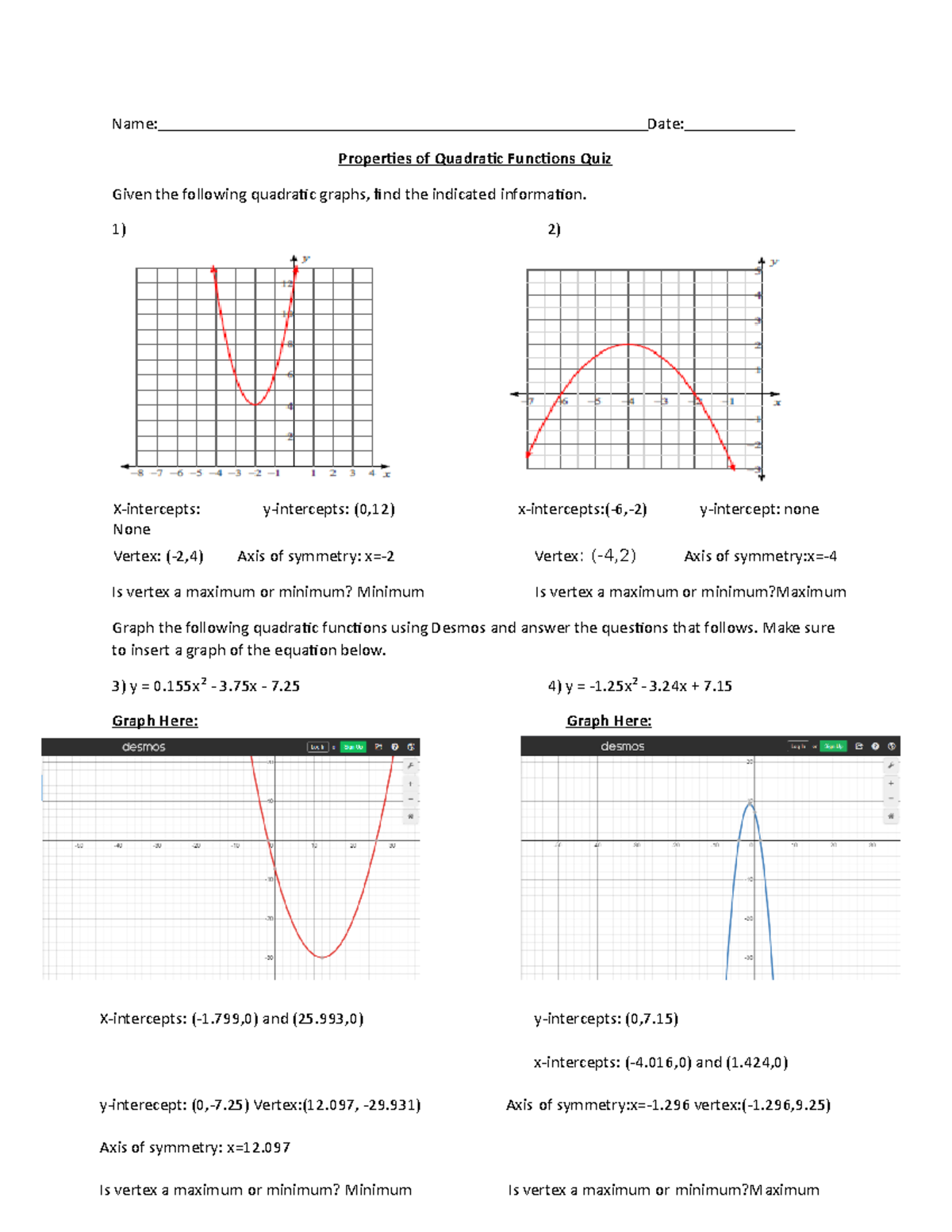 Properties of Quadratic Functions Answers - Estadistica - Studocu