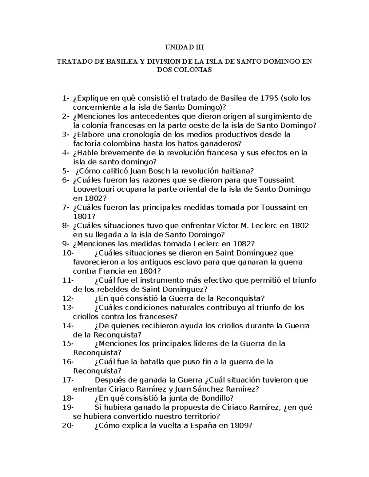 Tratado DE Basilea, Division DE LA ISLA EN DOS Colonia Unidad III - UNIDAD III TRATADO DE ...