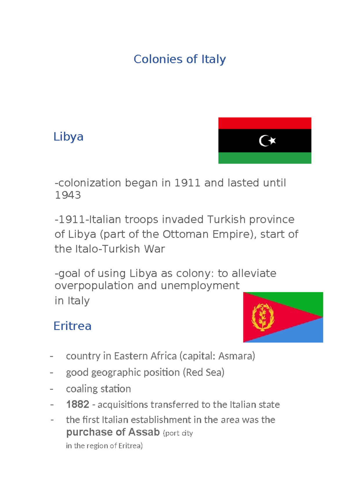 Colonies of Italy - Colonies of Italy Libya -colonization began in 1911 ...
