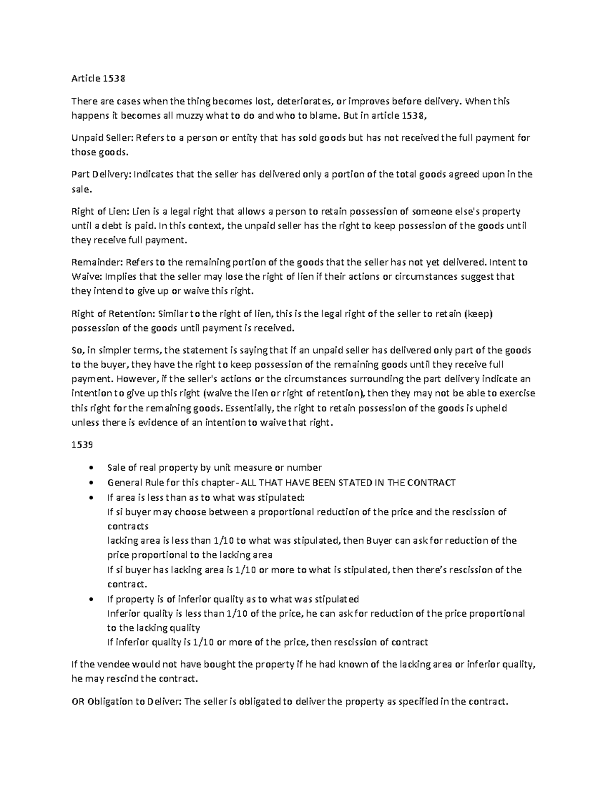 1538-1545 - It tackles about article 1538-1545 - The Law on Sales ...