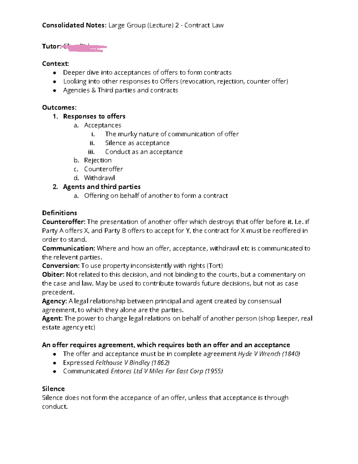 Consolidated Notes Large Group (Lecture) 2 - Contracts: Acceptance ...