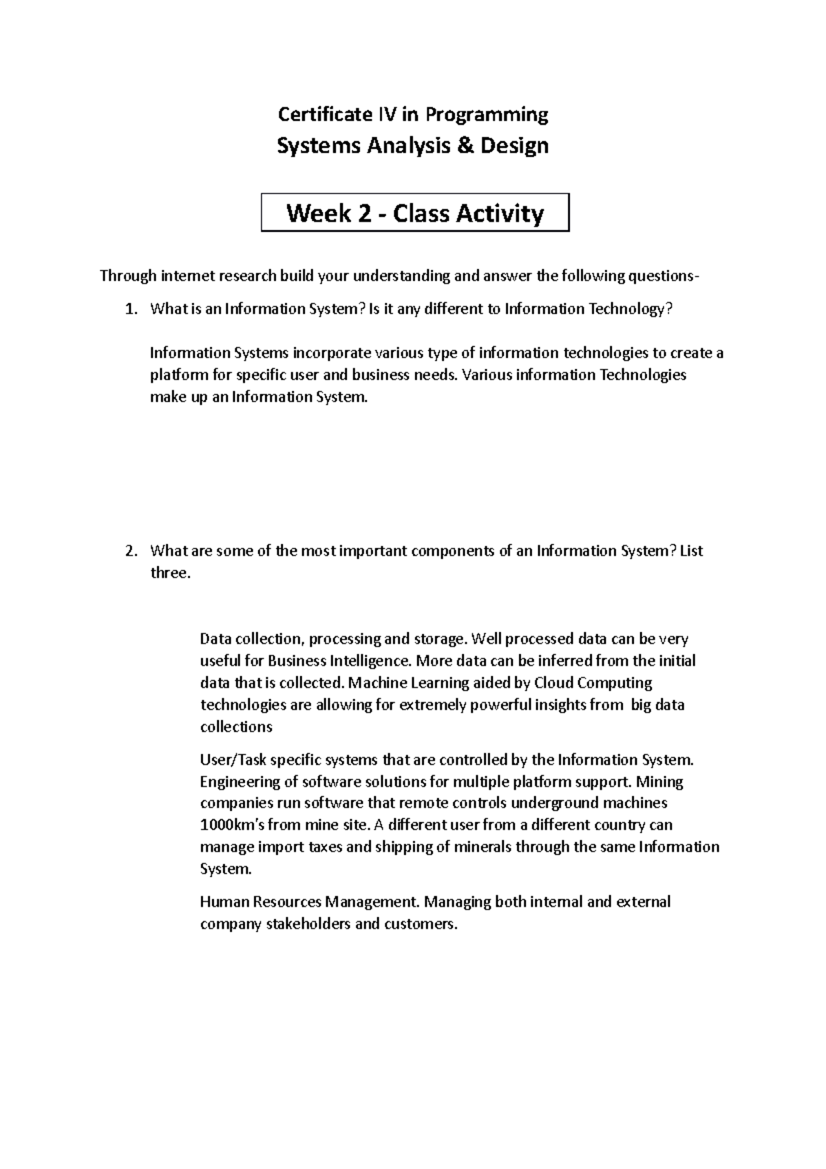 Week 2 Class Activity - Certificate IV in Programming Systems Analysis & Design Week 2 - Class ...