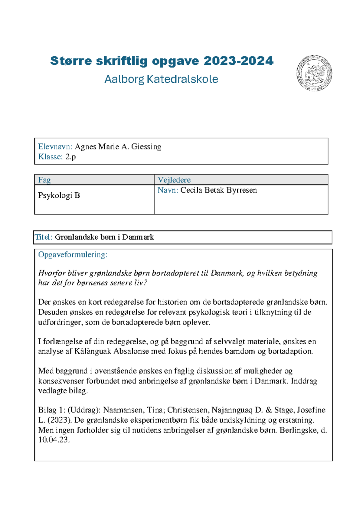 SSO Psykologi - Større skriftlig opgave 2023- 2024 Aalborg ...