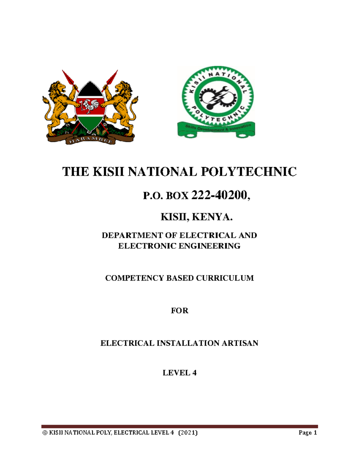 Artisan IN Electrical Installation - THE KISII NATIONAL POLYTECHNIC P ...