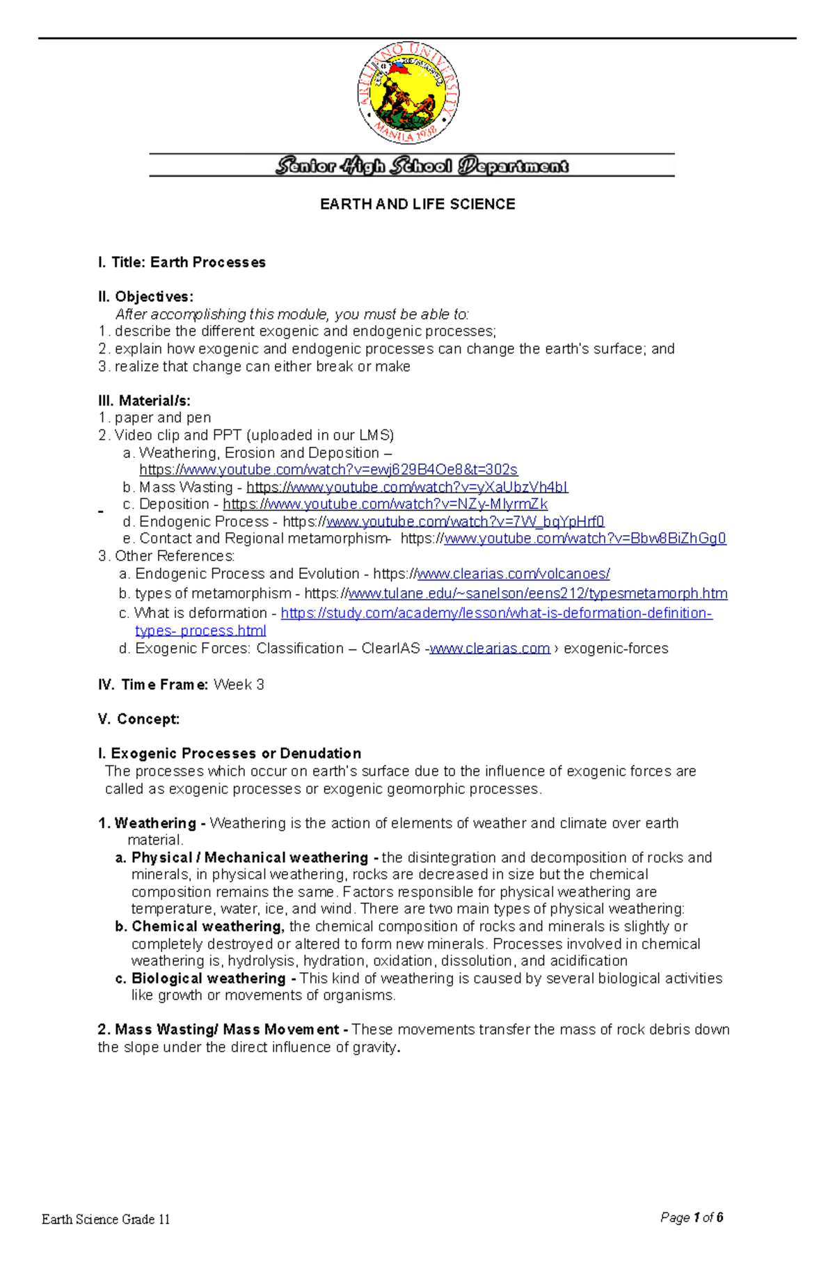 Endogenic and Exogenic Processes - Earth Science Grade 11 Page 1 of 6 ...