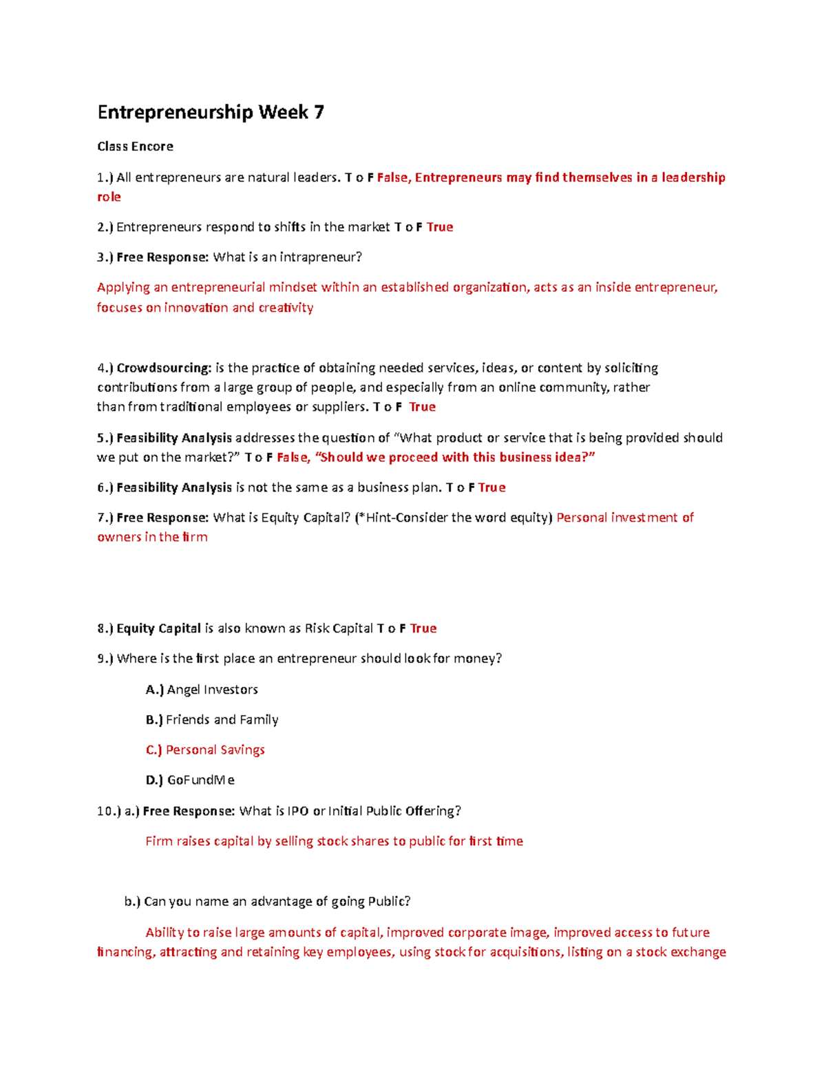 Entrepreneurship Worksheet- Week 7 KEY - Entrepreneurship Week 7 Class ...