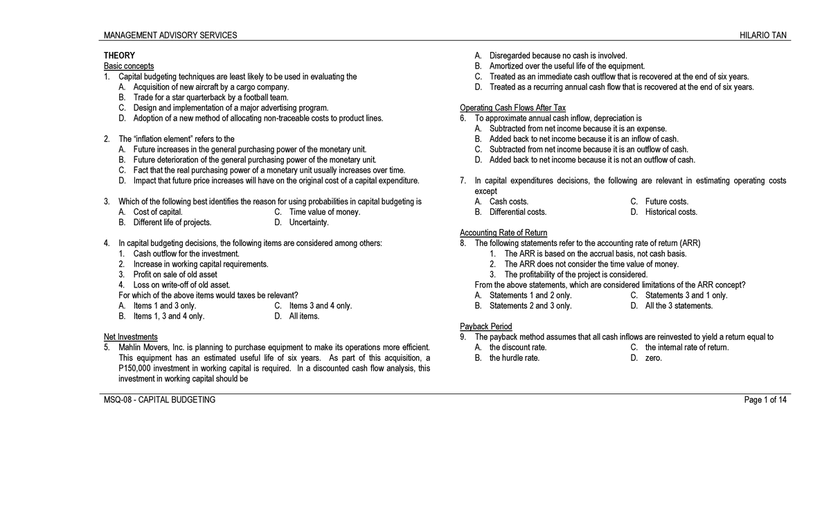 Capital Budgeting - THEORY Basic concepts Capital budgeting techniques ...