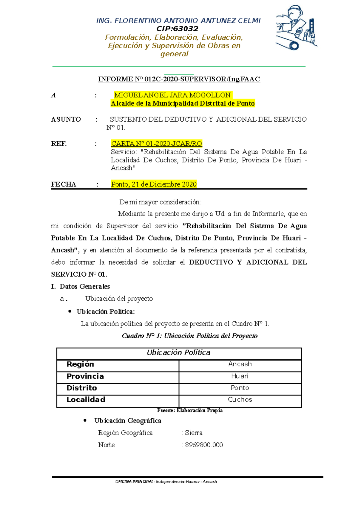 001 Informe de Adicional de Obra y Deductivo Cuchos - CIP: Formulación, Elaboración, Evaluación ...