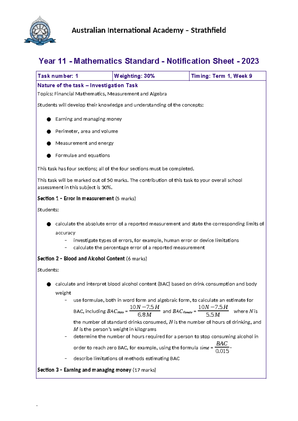 Year 11 Standard Mathematics Task 1 (Repaired) - Year 11 - Mathematics ...