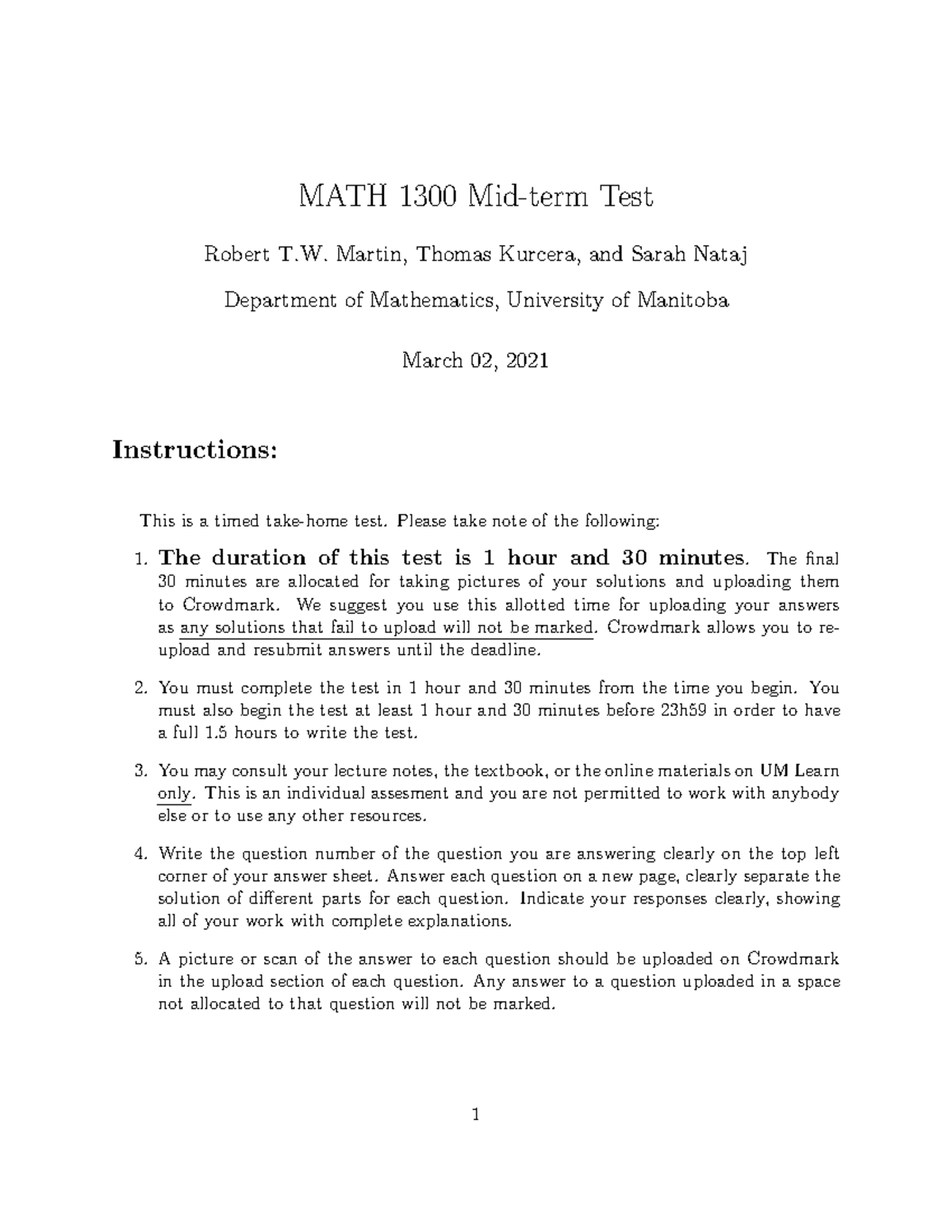 M1300 midterm v2 - MATH 1300 Mid-term Test Robert T. Martin, Thomas ...