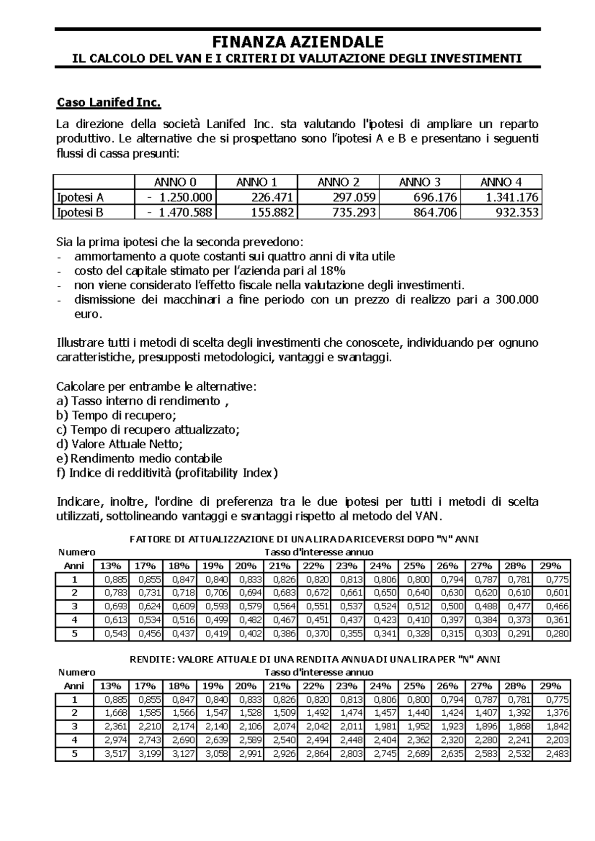 Caso Lanifed Finanza Aziendale - FINANZA AZIENDALE IL CALCOLO DEL VAN E ...