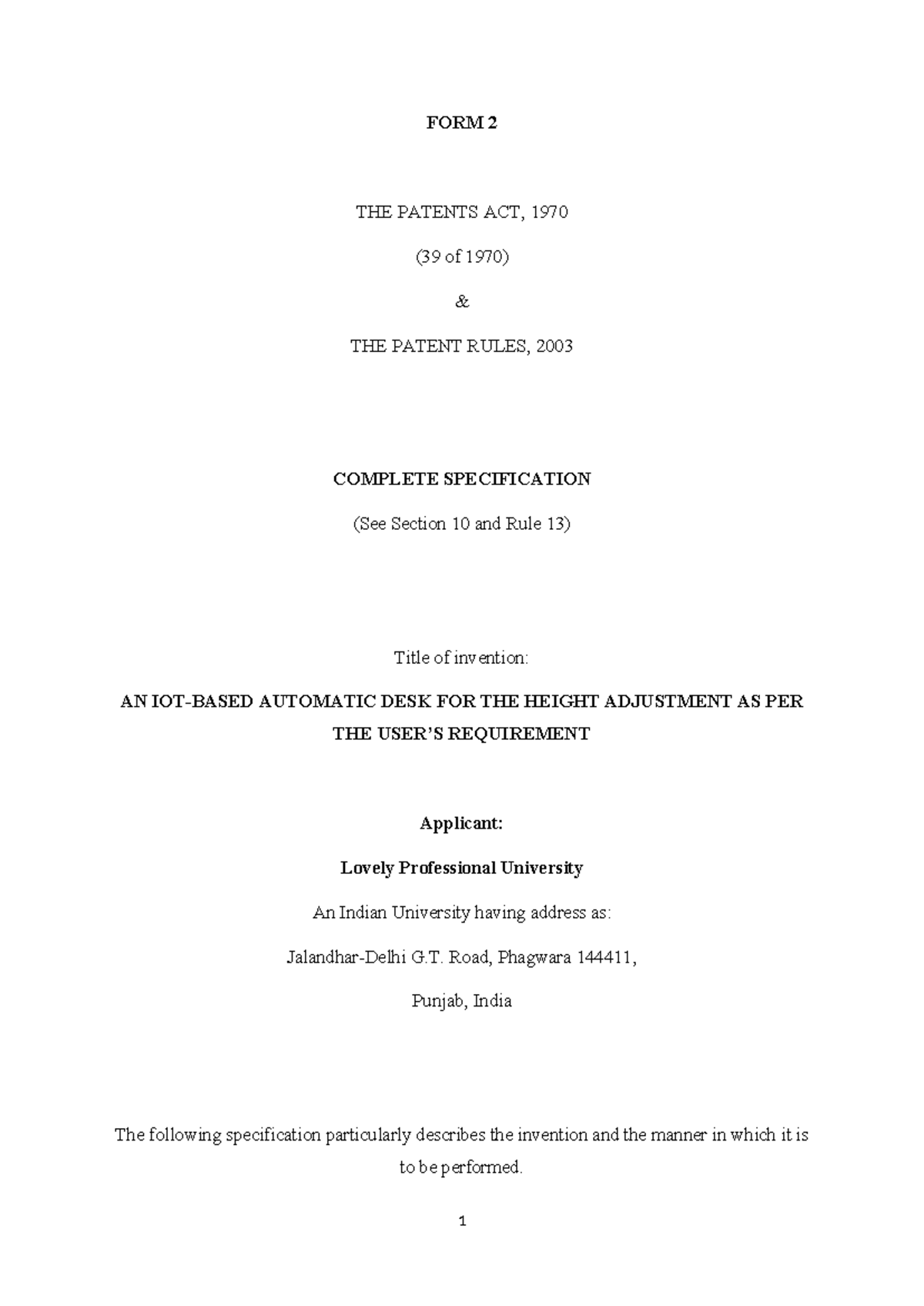 Complete Specification - FORM 2 THE PATENTS ACT, 1970 (39 of 1970 ...
