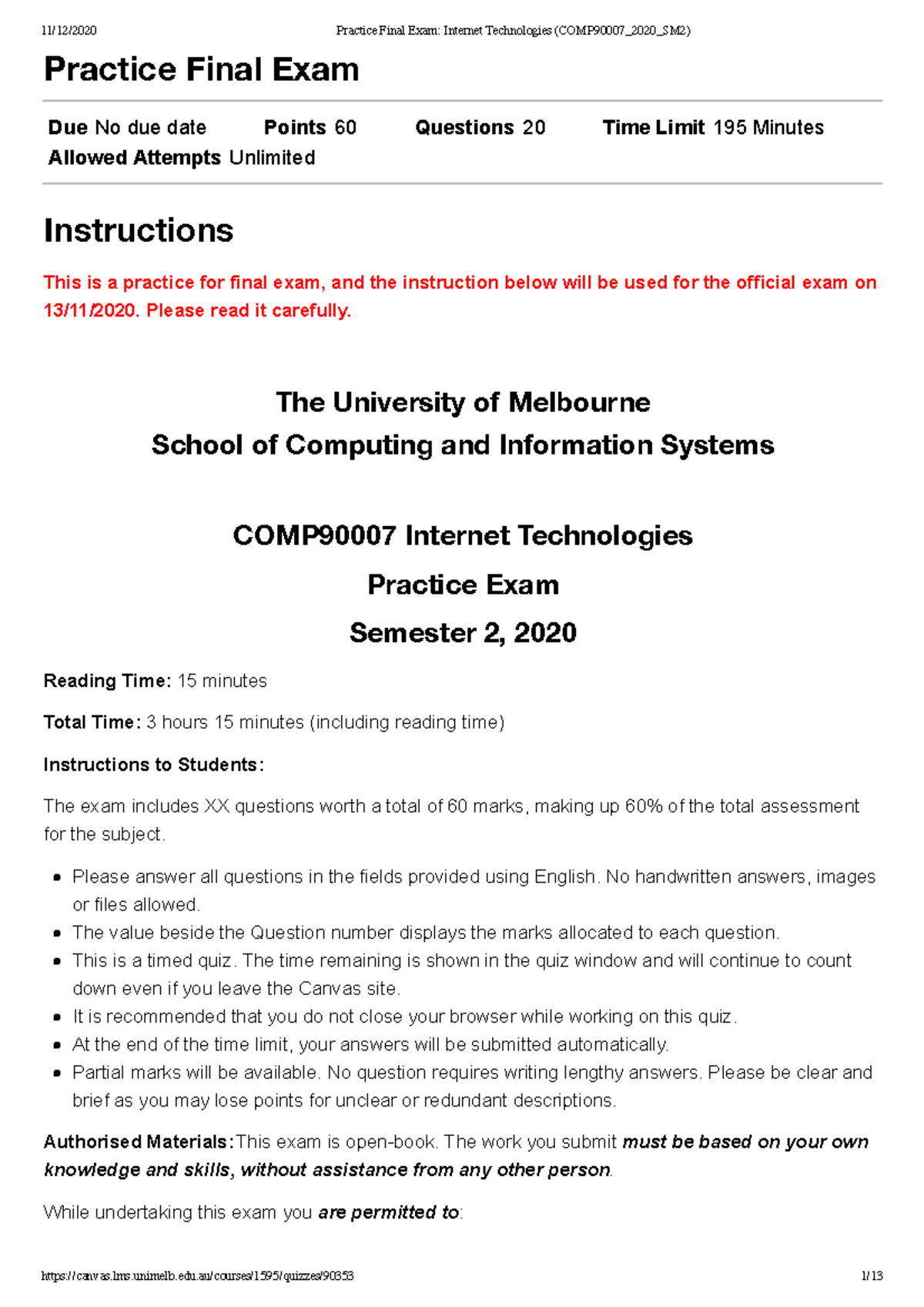 Final November 2020, questions and answers - Practice Final Exam Due No due date Points 60 ...