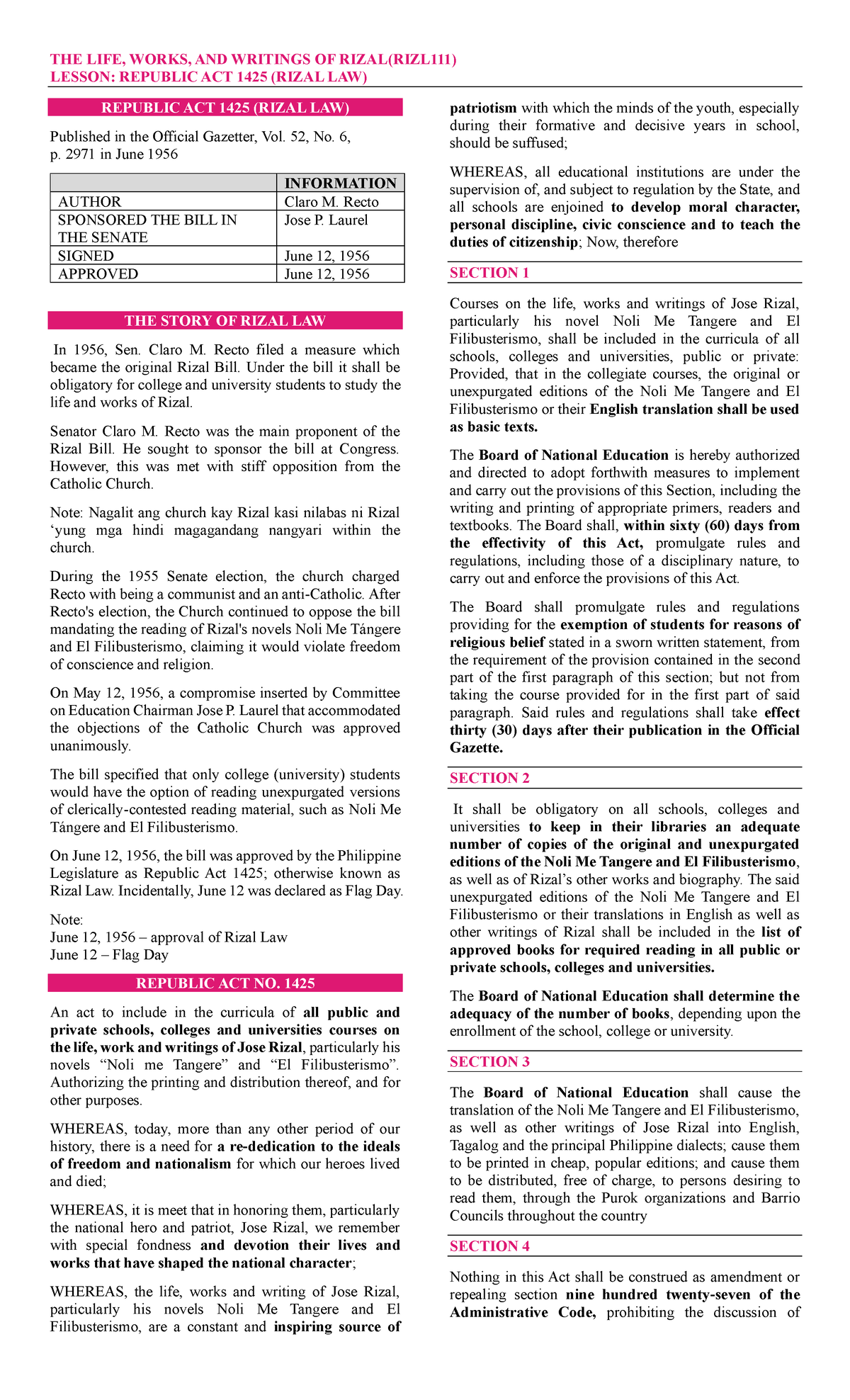 Republic ACT 1425 ( Rizal LAW) - THE LIFE, WORKS, AND WRITINGS OF RIZAL ...