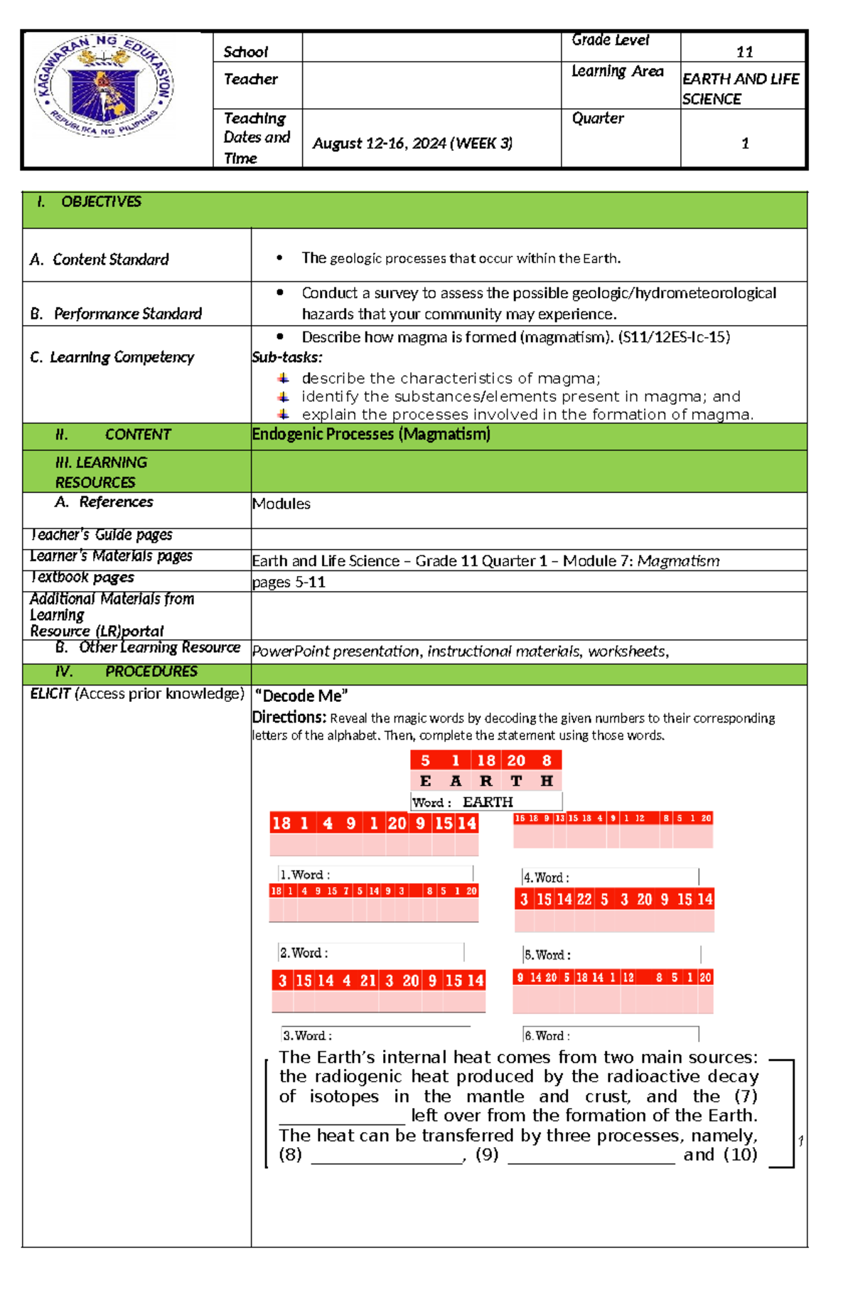 Week 3.1 - Endogenic Processes(Magmatism) - 1 Jski. School Grade Level ...