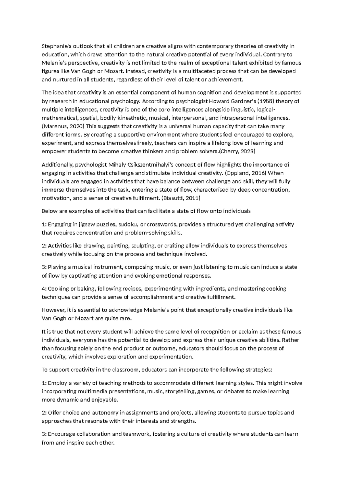 Creativity essay - Stephanie's outlook that all children are creative ...