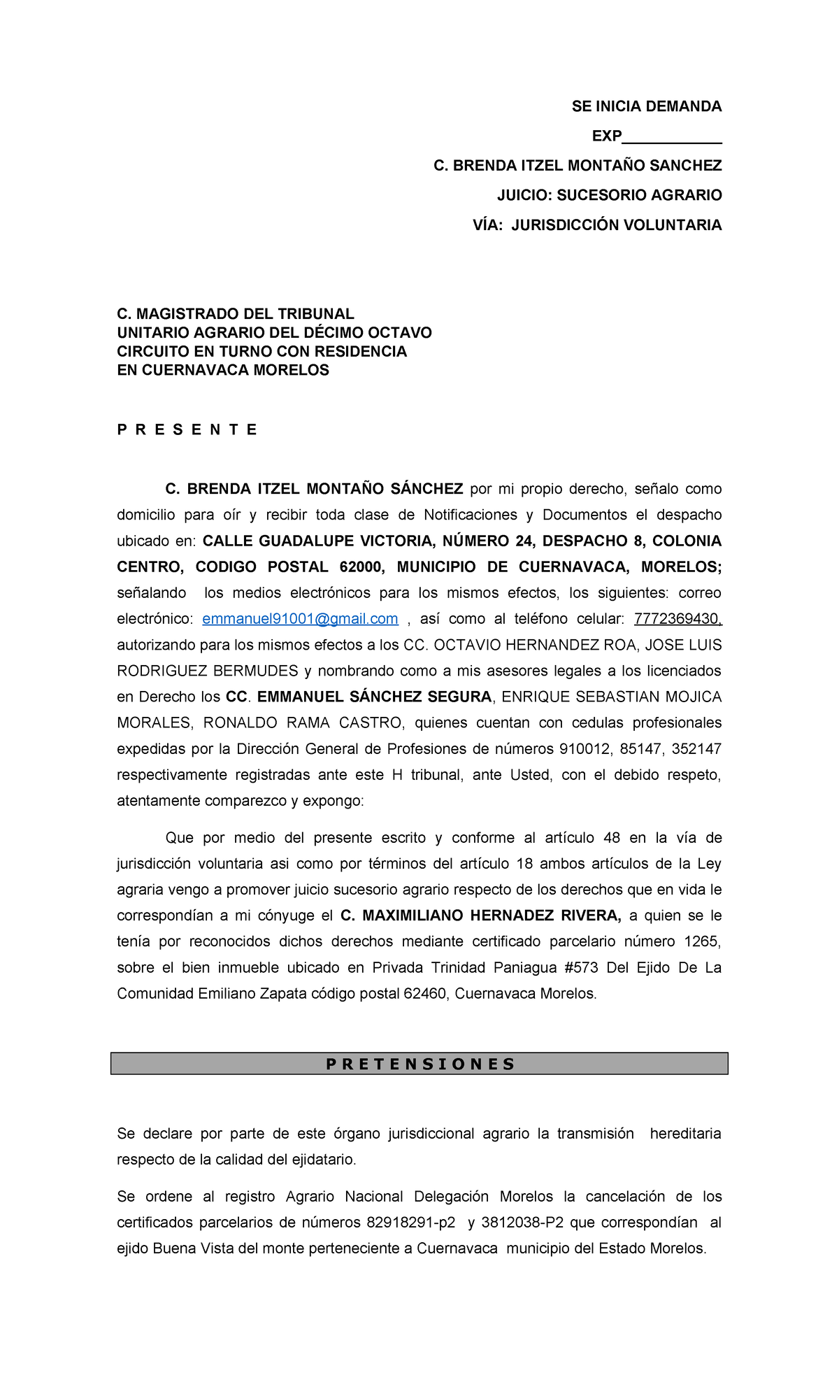 Demanda Sucesion Intes Agraria - SE INICIA DEMANDA EXP____________ C ...