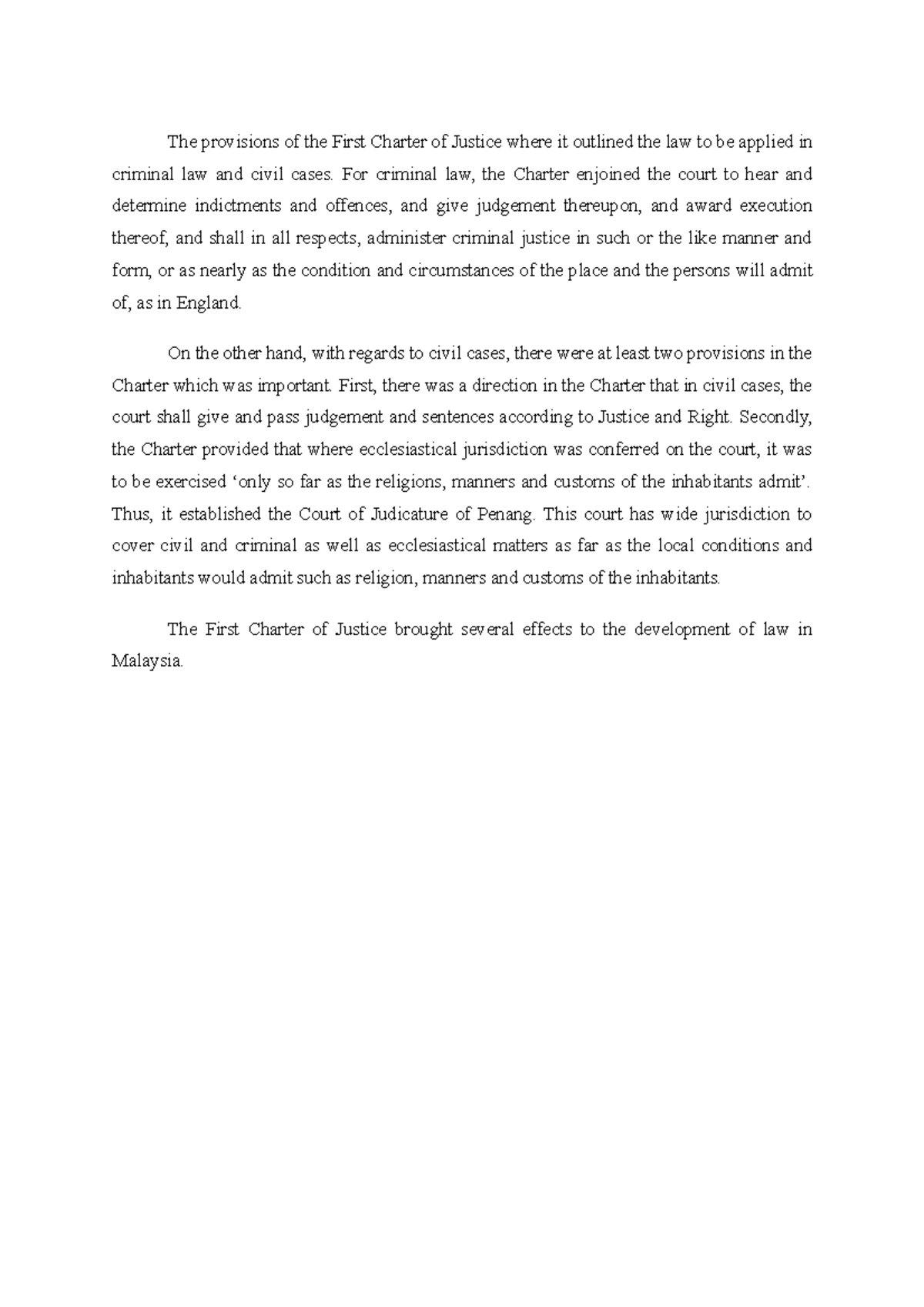 The Provisions and the Effects of the First Charter of Justice to the ...