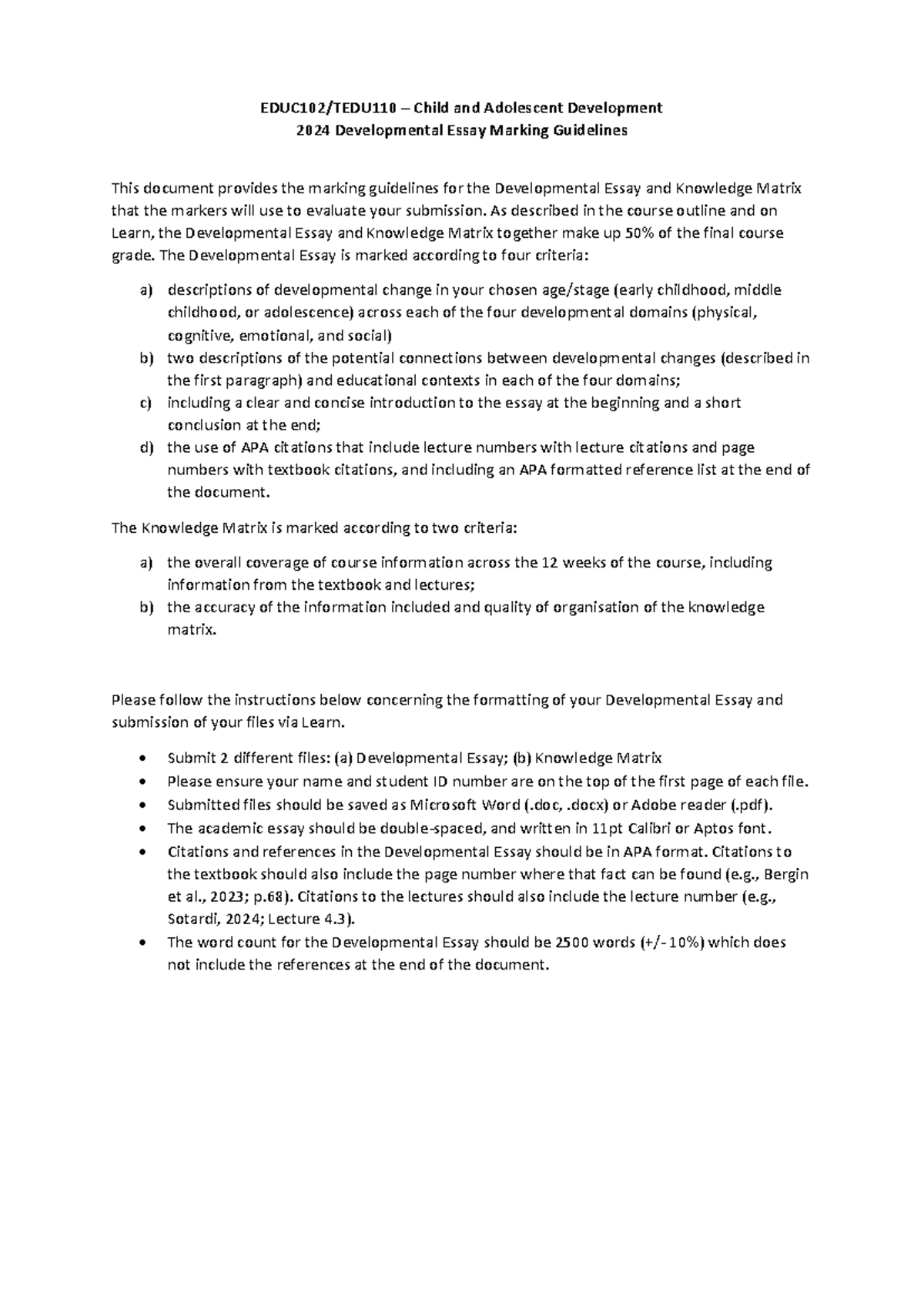 Developmental Essay Marking Guide Students 2024 - EDUC102/TEDU110 ...
