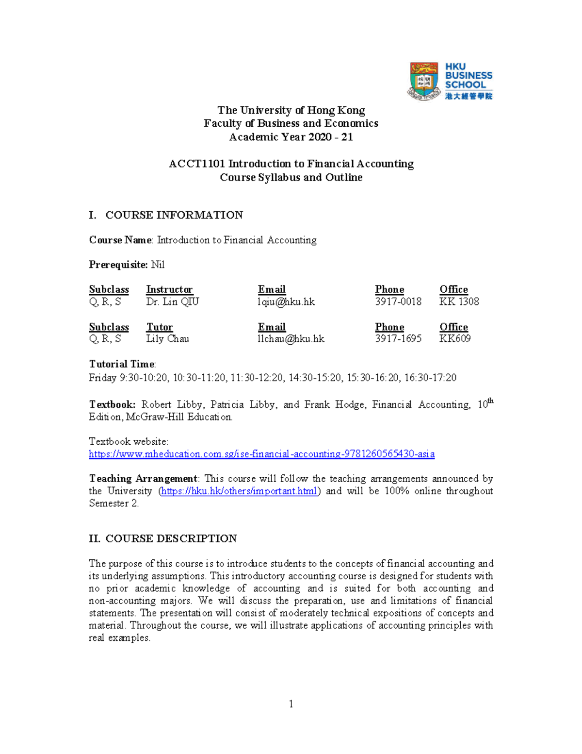 ACCT1101 Course Outline 2020-21(updated assignment list) - The ...