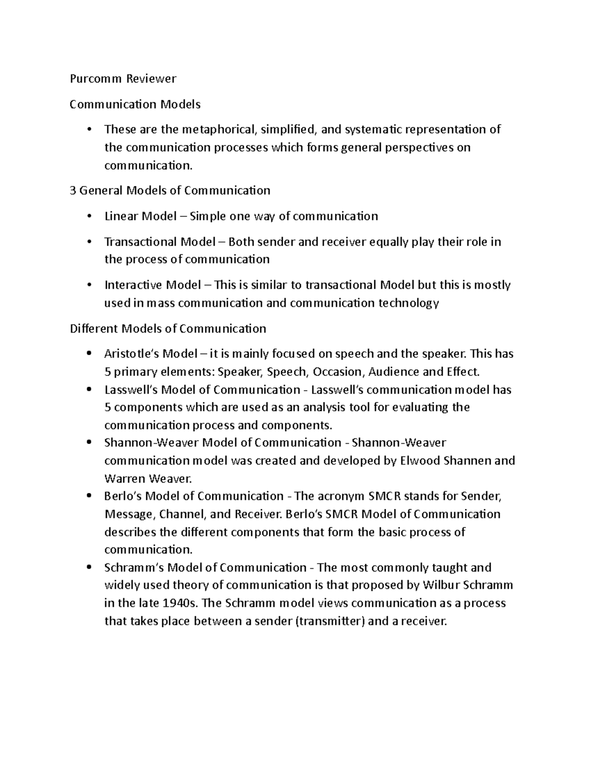 Purcomm Reviewer 1 - Purcomm Reviewer Communication Models These are ...