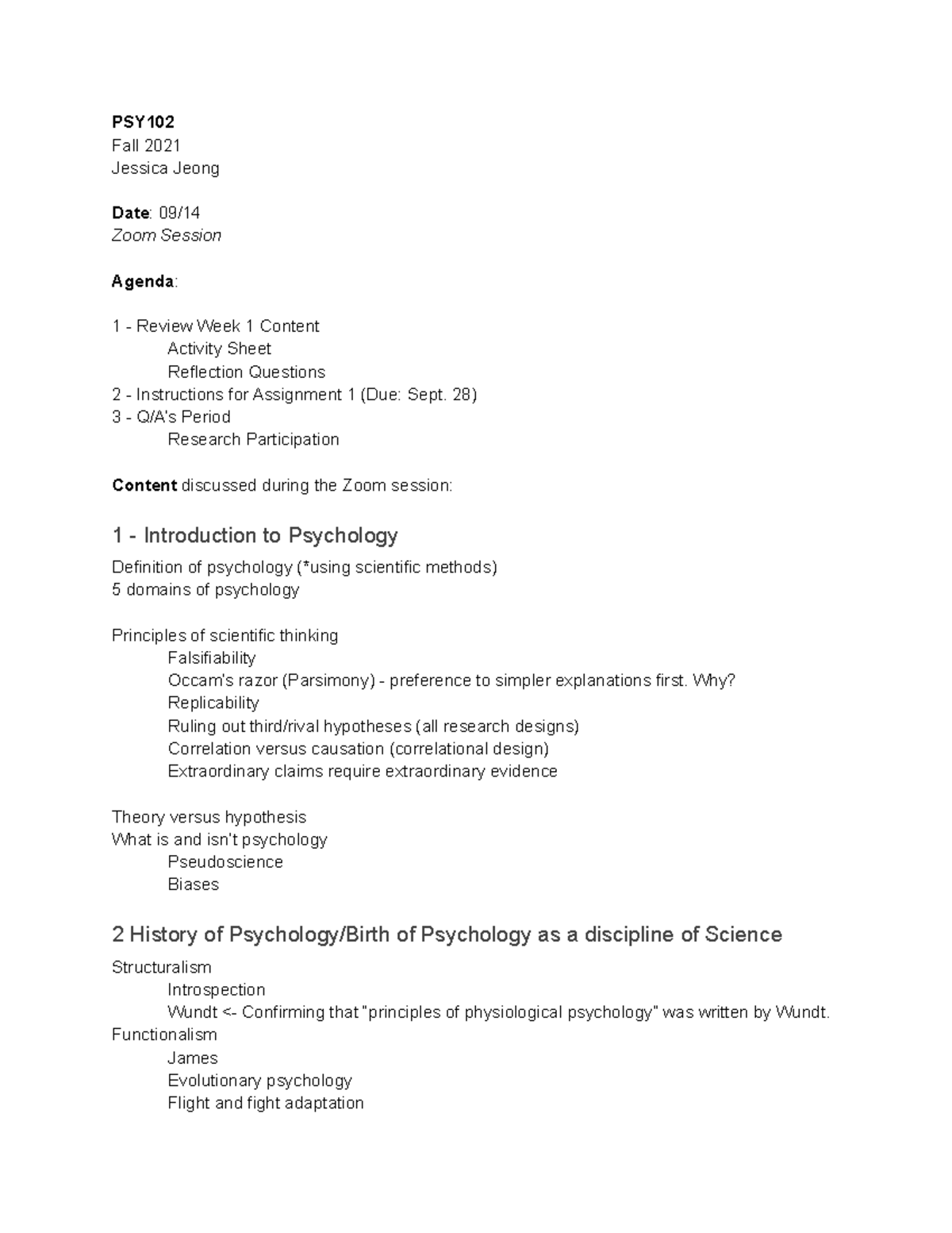 PSY notes week 1 - PSY Fall 2021 Jessica Jeong Date: 09/ Zoom Session ...