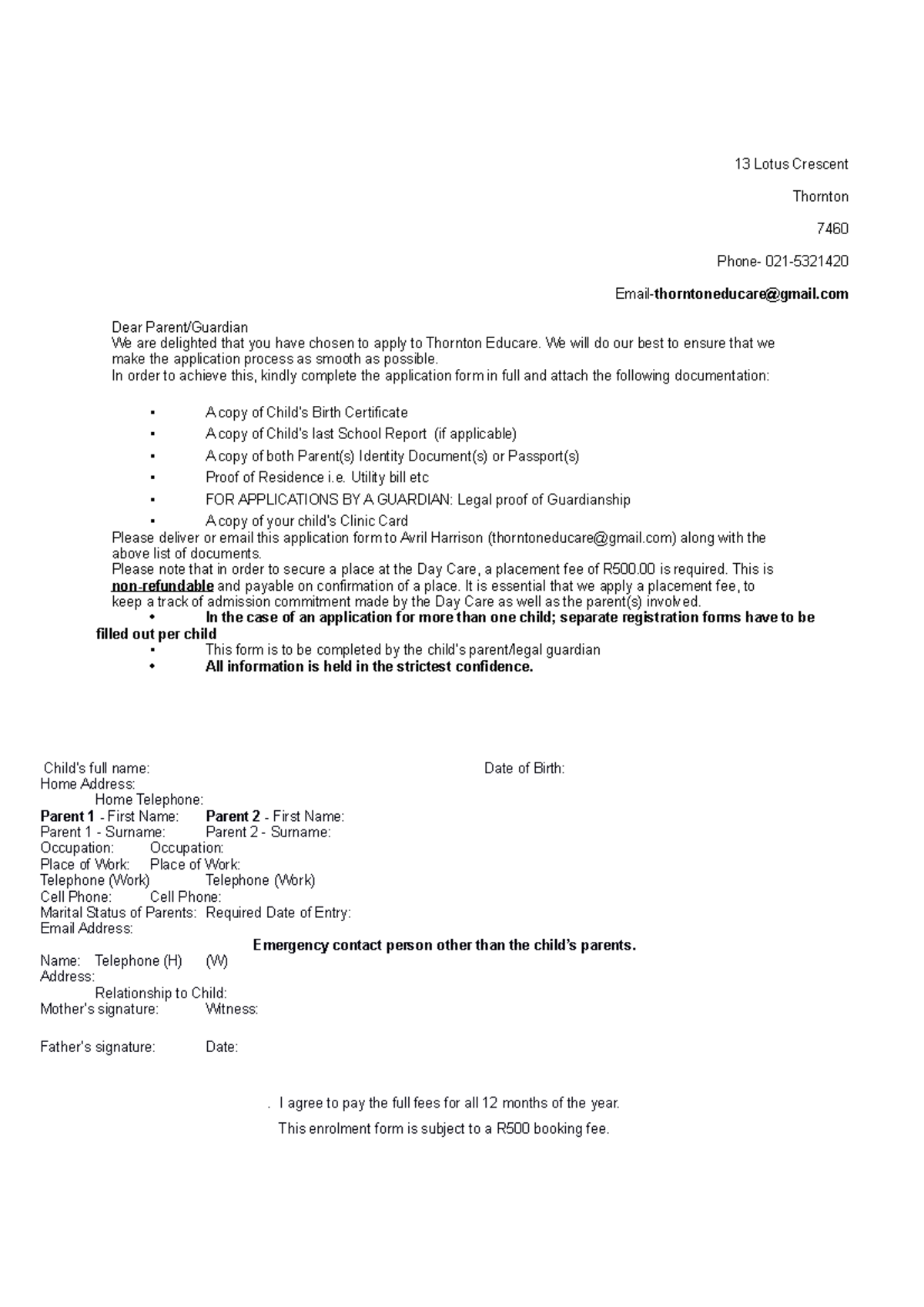 Thornton Educare Enrolment Form 2017 - 13 Lotus Crescent Thornton 7460 ...