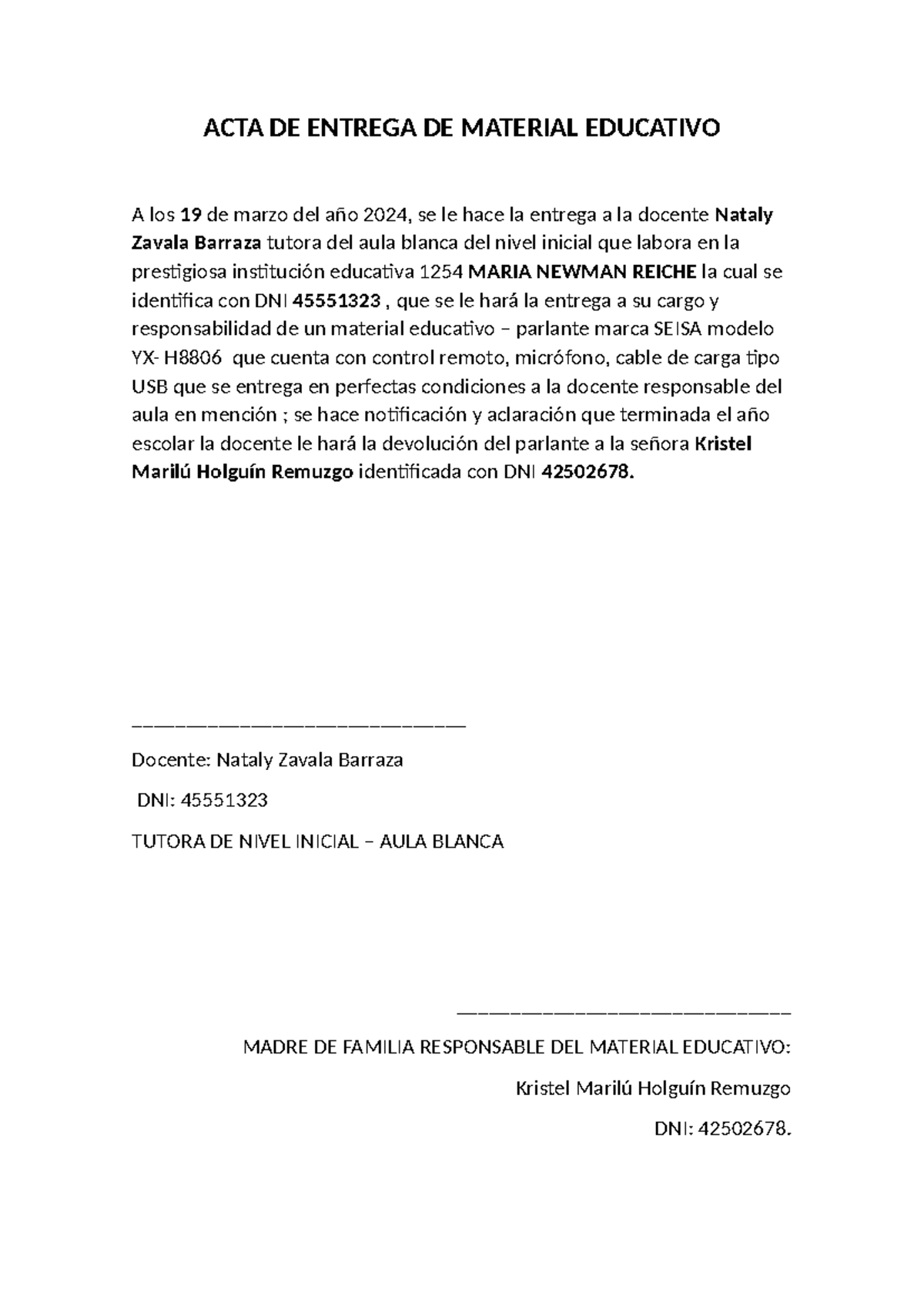 ACTA DE Entrega DE Material Educativo - ACTA DE ENTREGA DE MATERIAL EDUCATIVO A los 19 de marzo ...