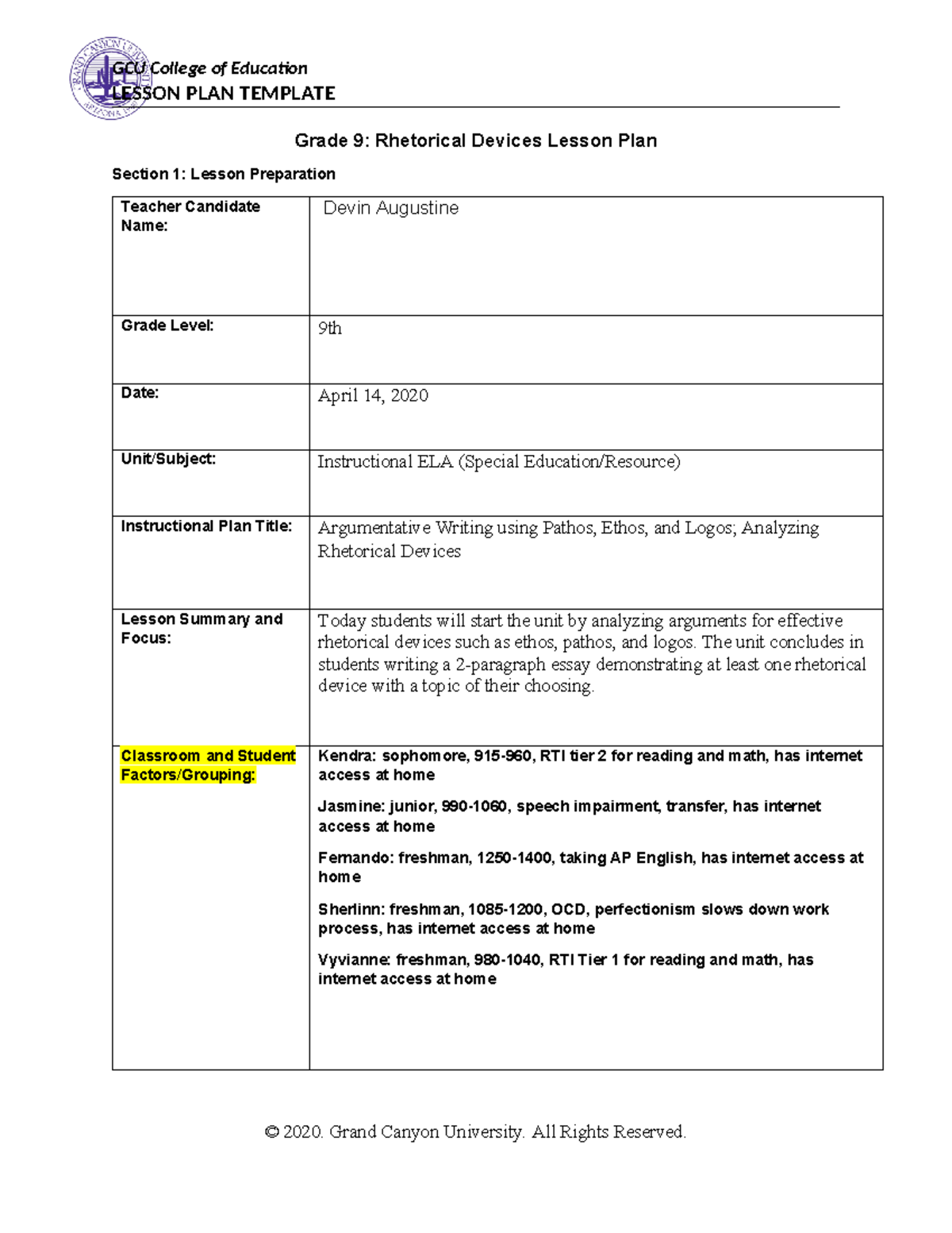 SPD-208 RS T5 Grade 9 Rhetorical Devices Lesson Plan - LESSON PLAN ...