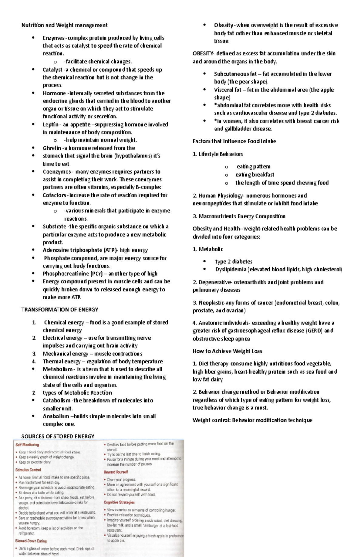 Nutrition and Weight management - o -facilitate chemical changes ...