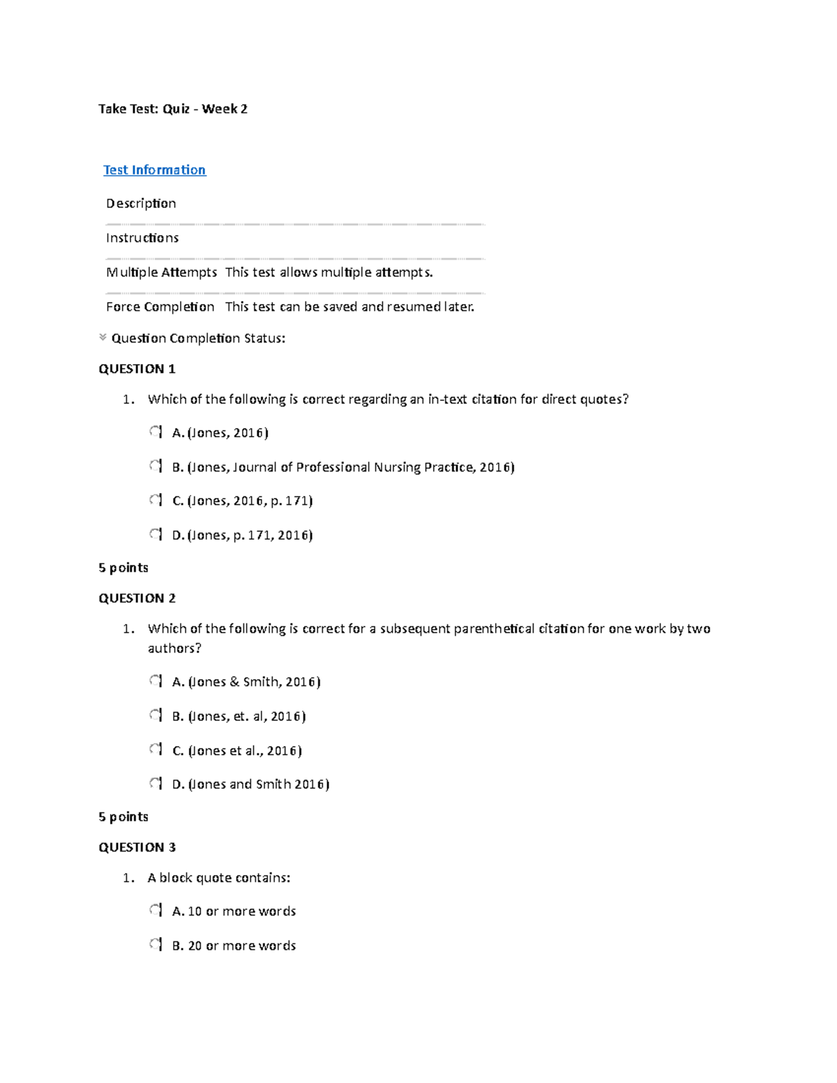 Quiz 2 - quiz - Take Test: Quiz - Week 2 Test Information Description ...