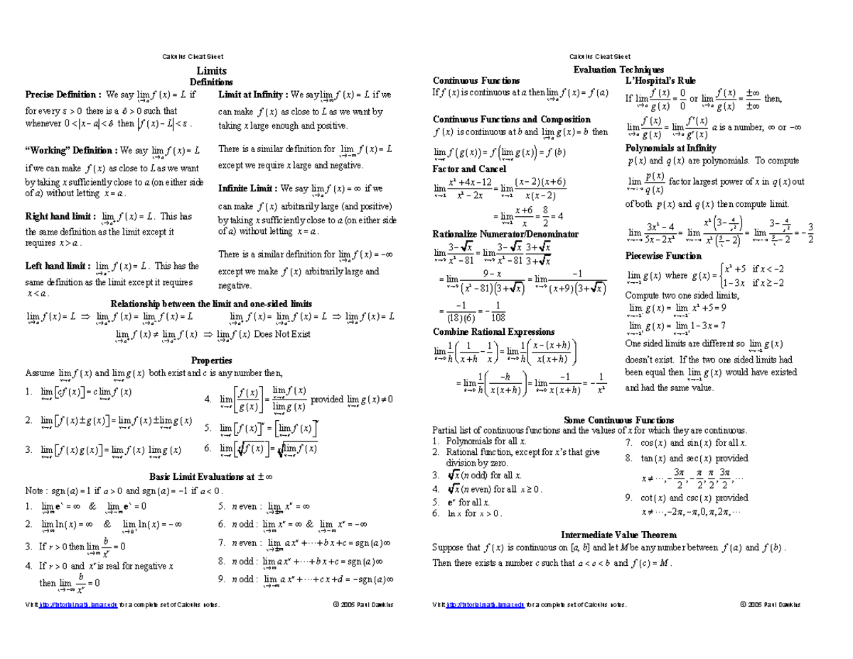 Calculus Cheat Sheet Limits Reduced - Calculus Cheat Sheet Visit tutorial.math.lamar for a ...