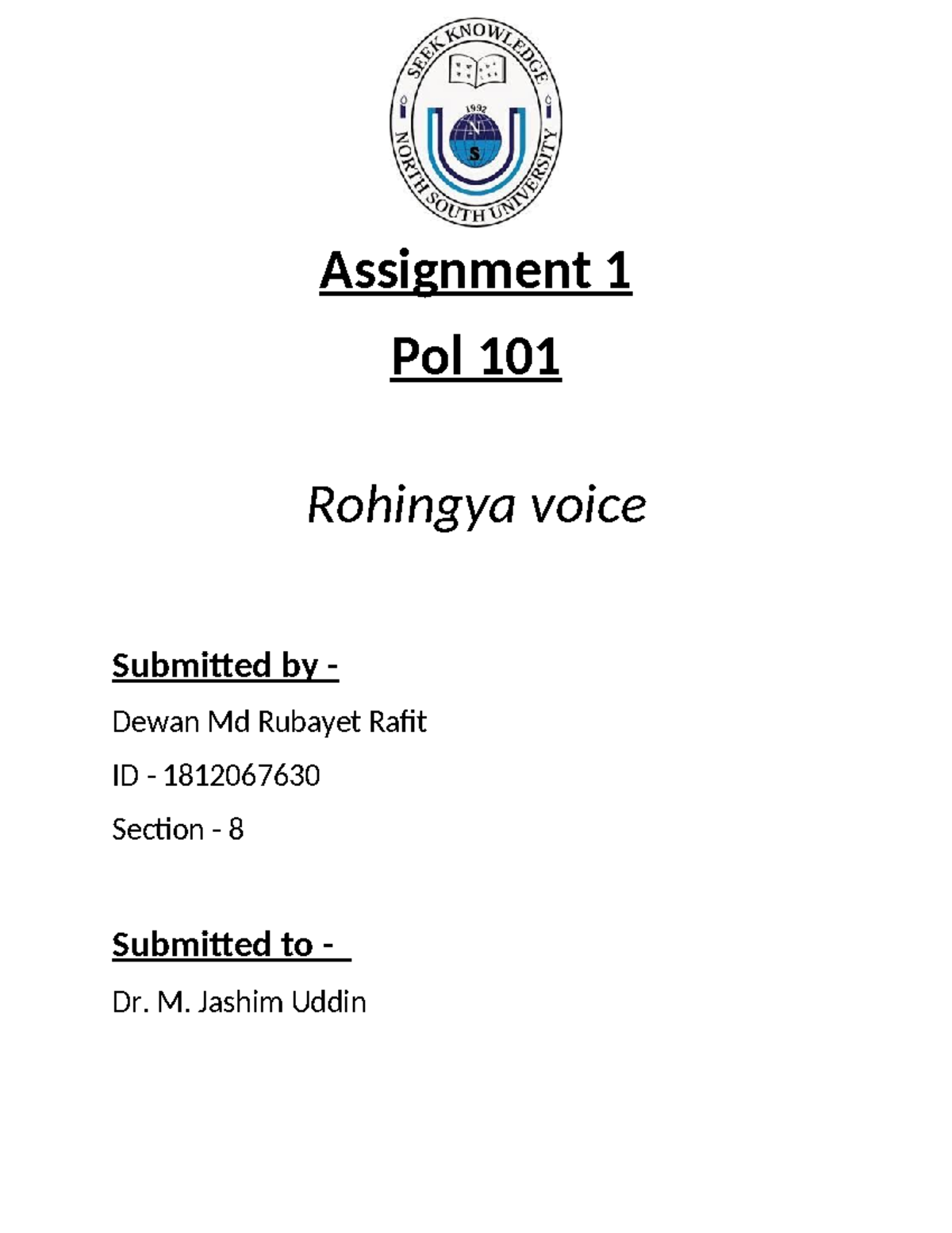 Pol 101 Assignment - Assignment 1 Pol 101 Rohingya voice Submitted by - Dewan Md Rubayet Rafit ...