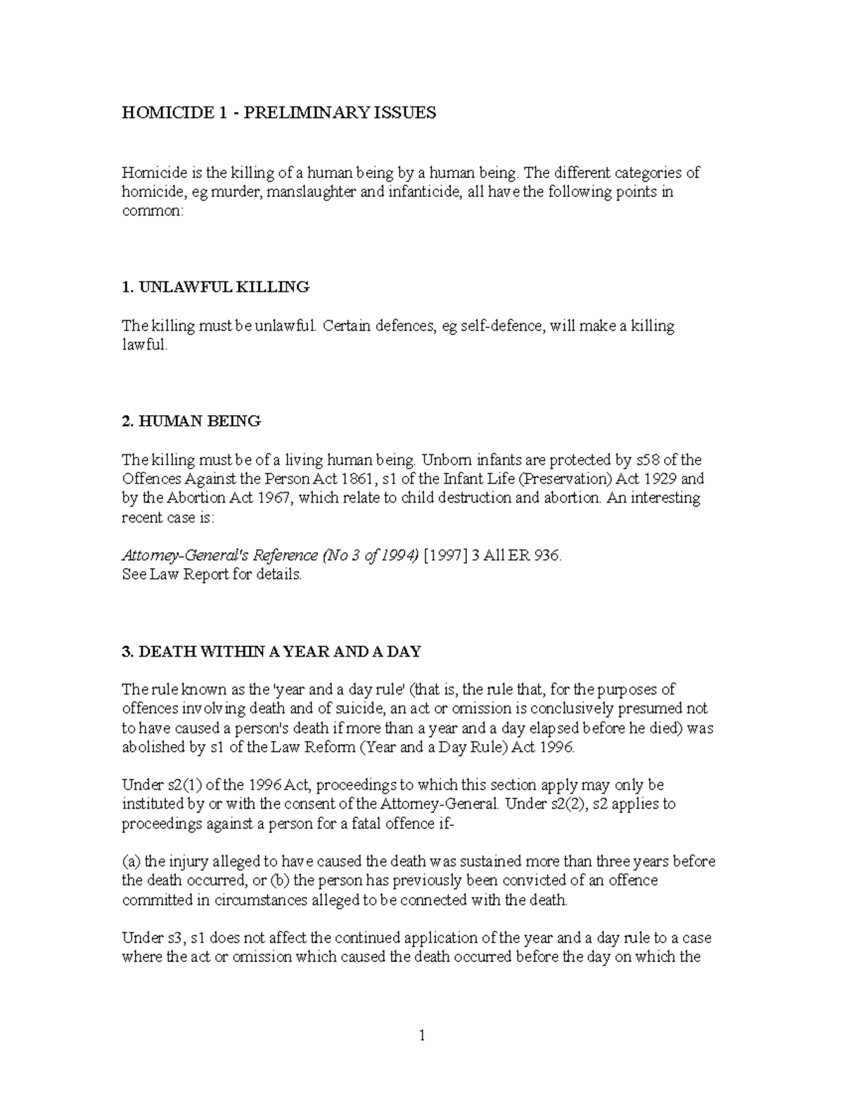 Homicide 1 - Important Criminal law notes and cases for students ...