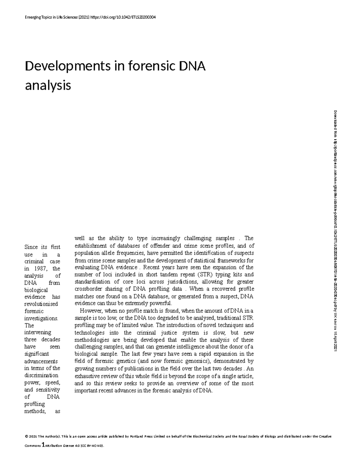Developments in forensic DNA analysis - Emerging Topics in Life ...