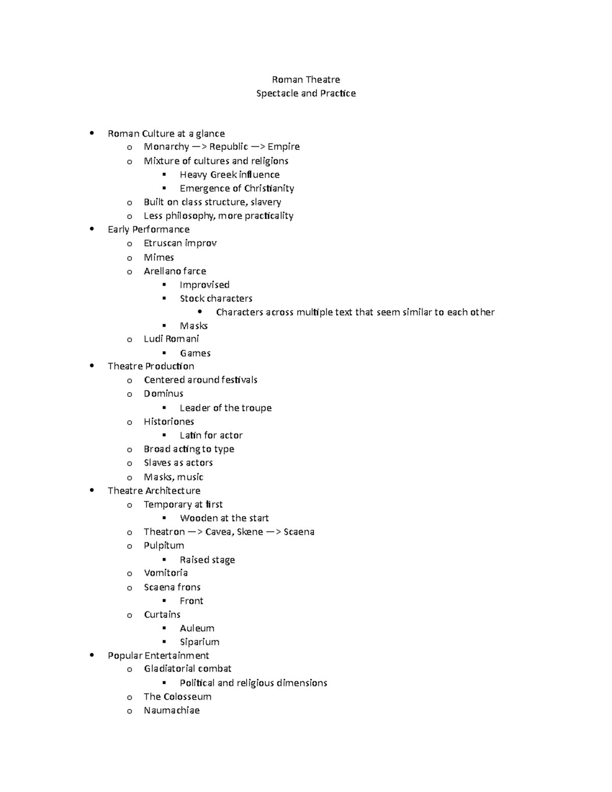 Roman Theatre - Notes - Roman Theatre Spectacle and Practice Roman ...