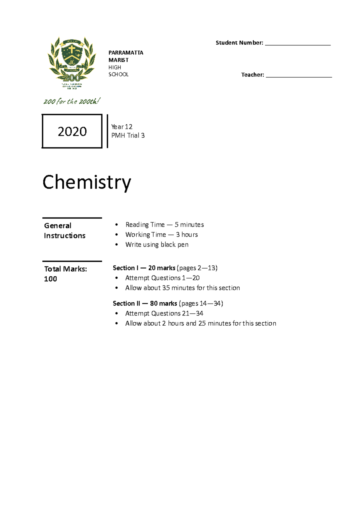 2020 PMH Trial 3 Chem - chem practice paper - PARRAMATTA MARIST HIGH ...