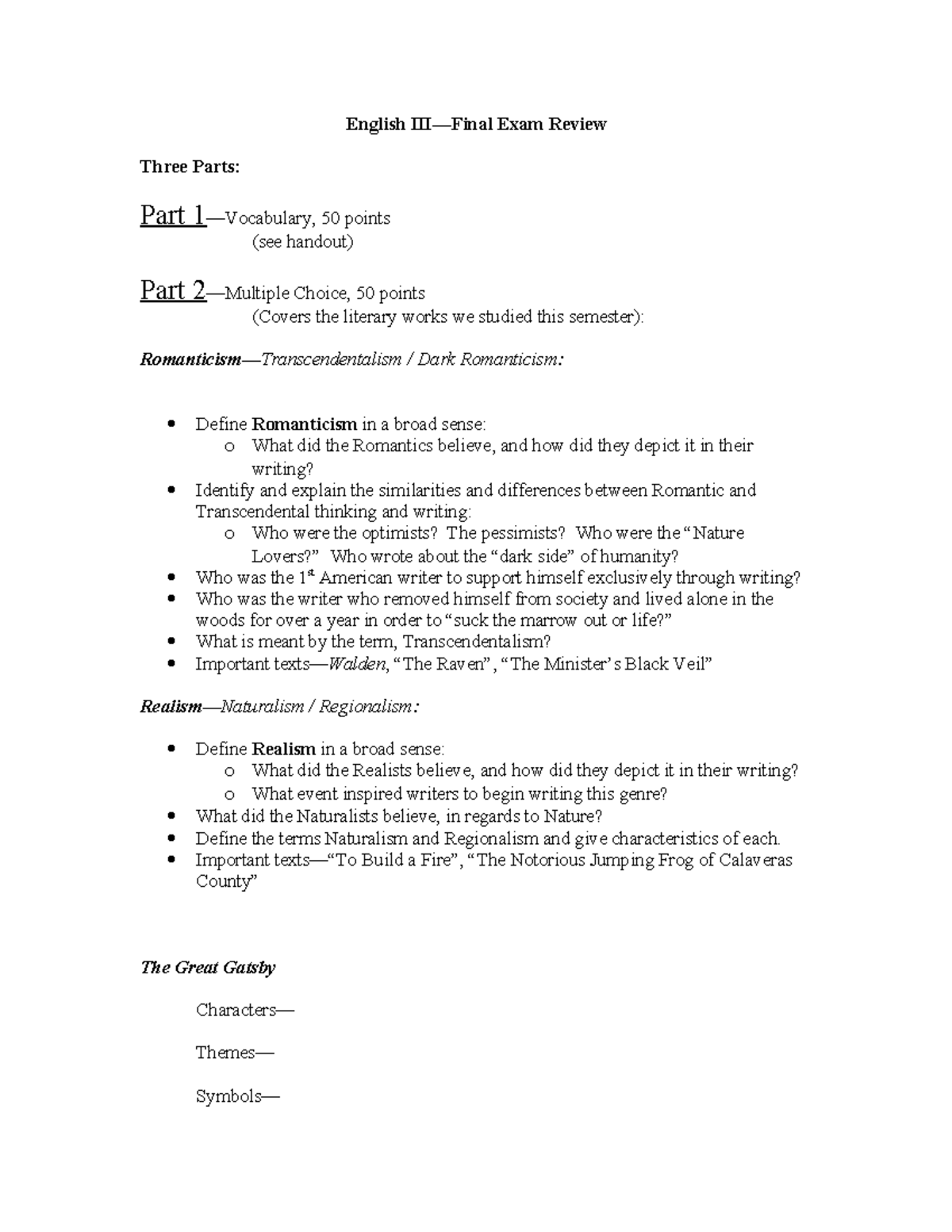 Final Review English III - English III—Final Exam Review Three Parts ...