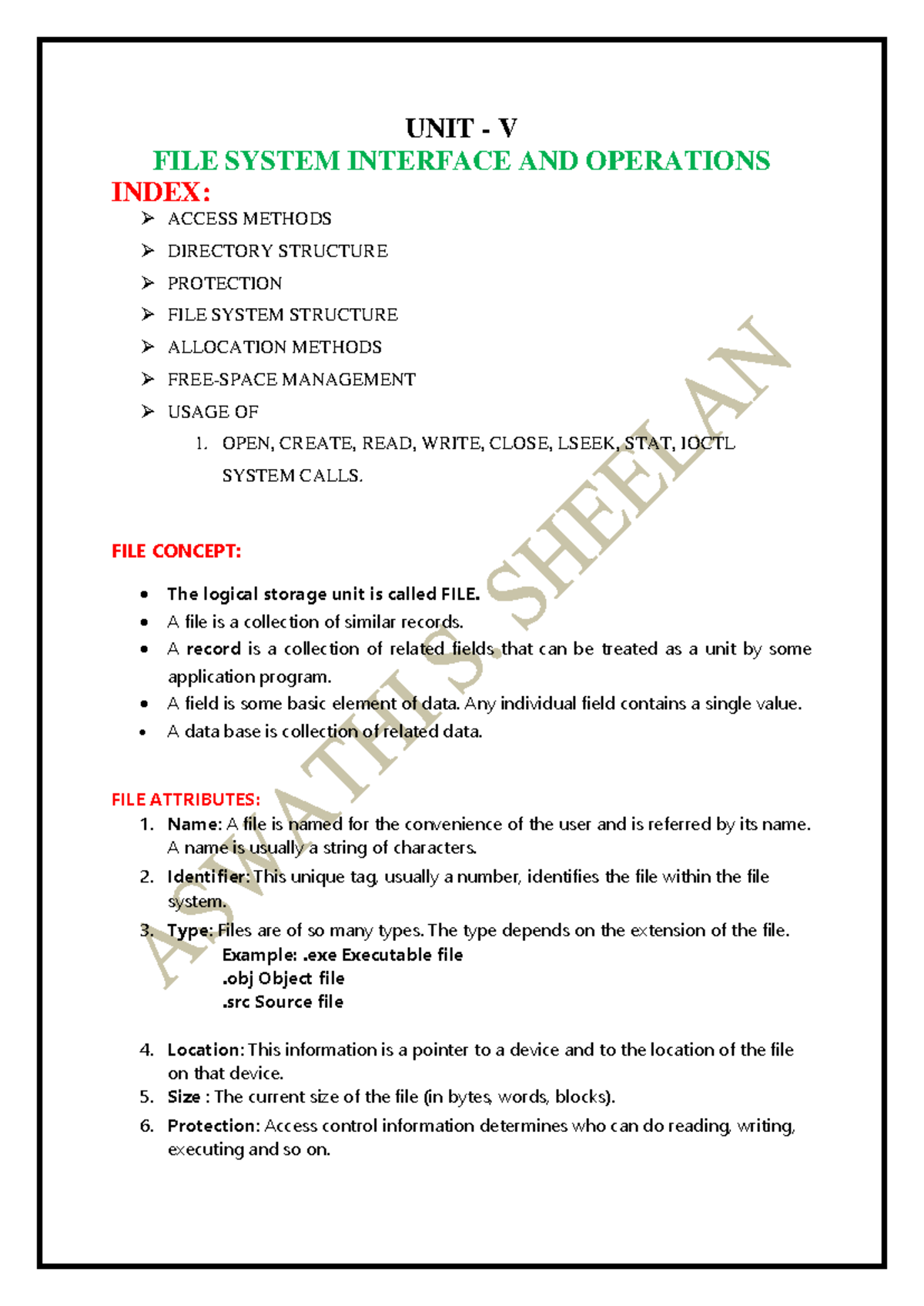 UNIT 5 UPTO Freespacemgmt - UNIT - V FILE SYSTEM INTERFACE AND OPERATIONS INDEX: ACCESS METHODS ...
